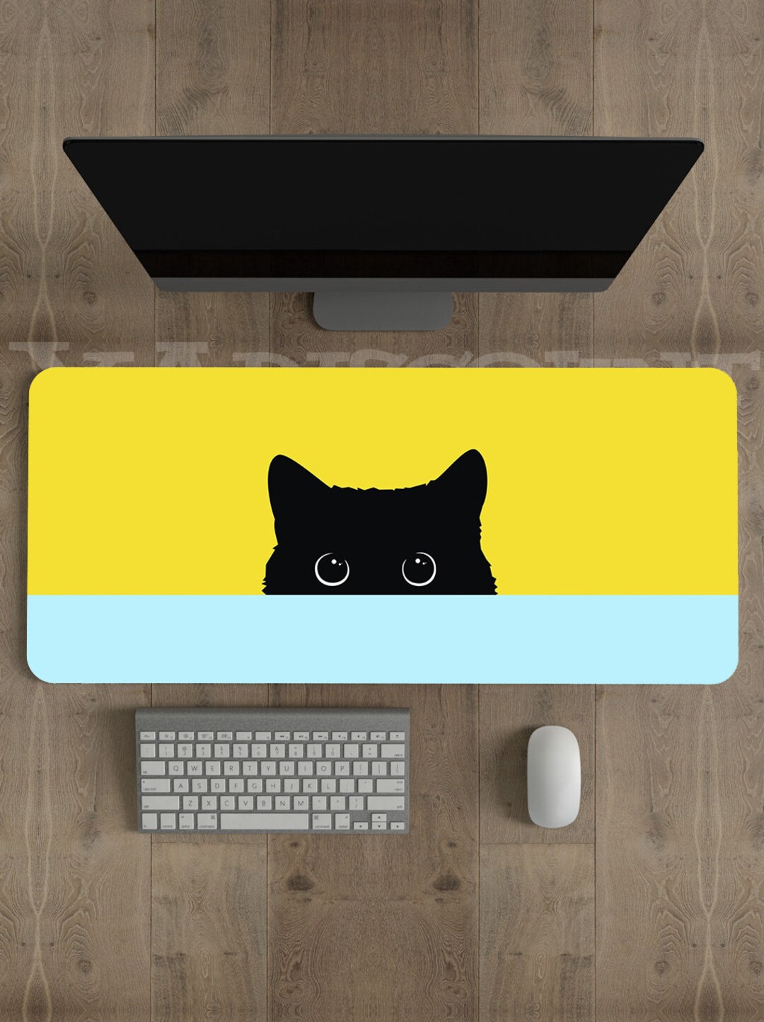 Black Peeking Cat Mat, Bright Gold & Coral Blue Cat Desk Mat, Kitty ...