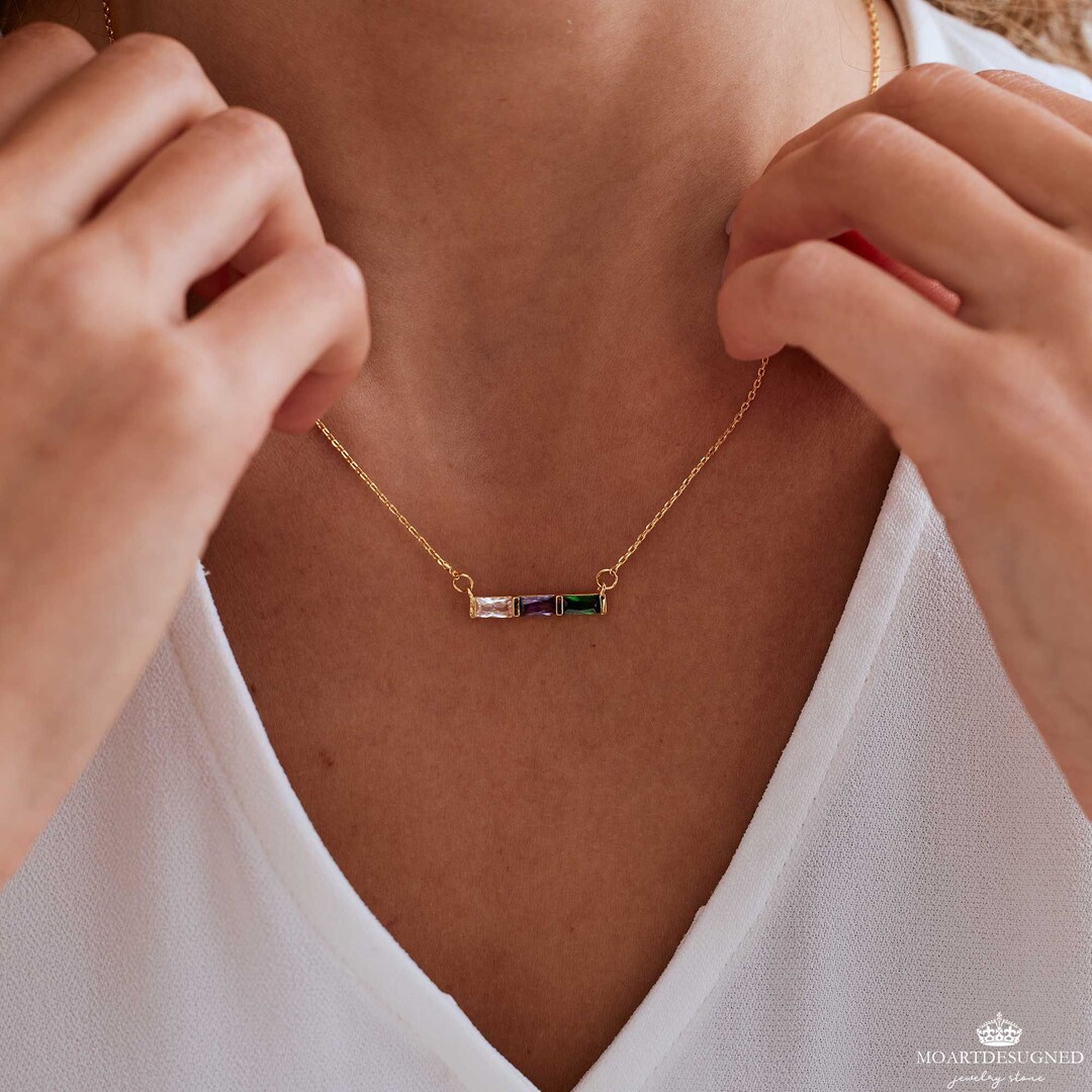 18k Gold Personalised Rectangular Birthstone Necklace, Dainty ...