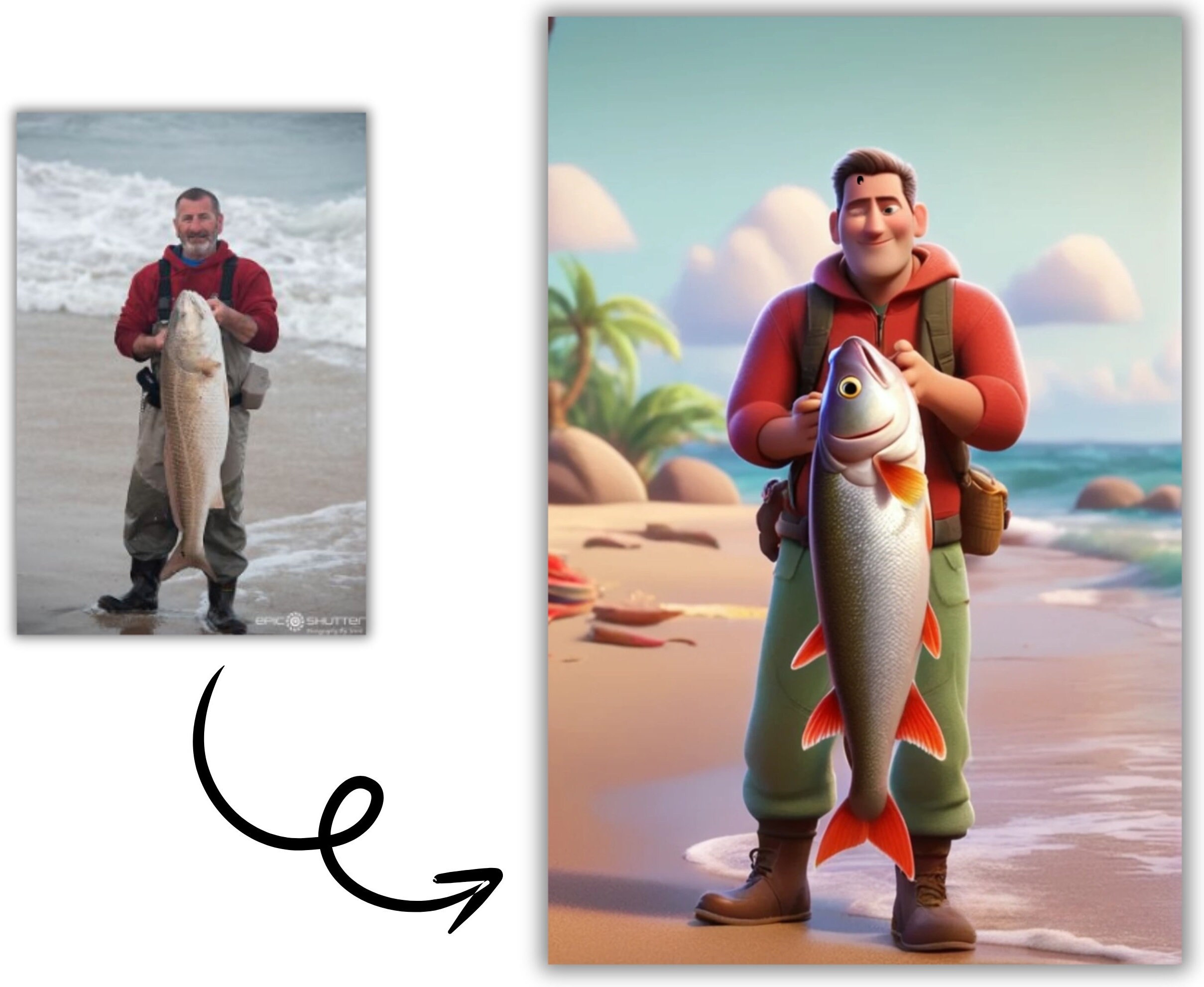Custom Fisherman Cartoon 3d Pixar Portrait, Fish Painting , Cartoon Me ...