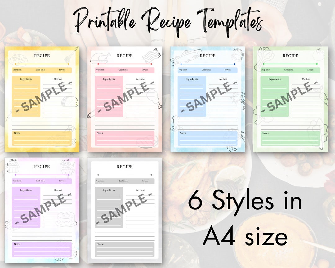 Printable A4 Recipe Templates - 6 Different Styles - Etsy