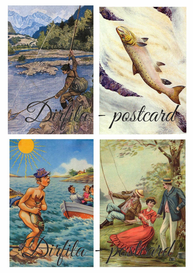 Retro Fishermen Printable Postcards - Set of 22 Vintage Fishing Designs ...