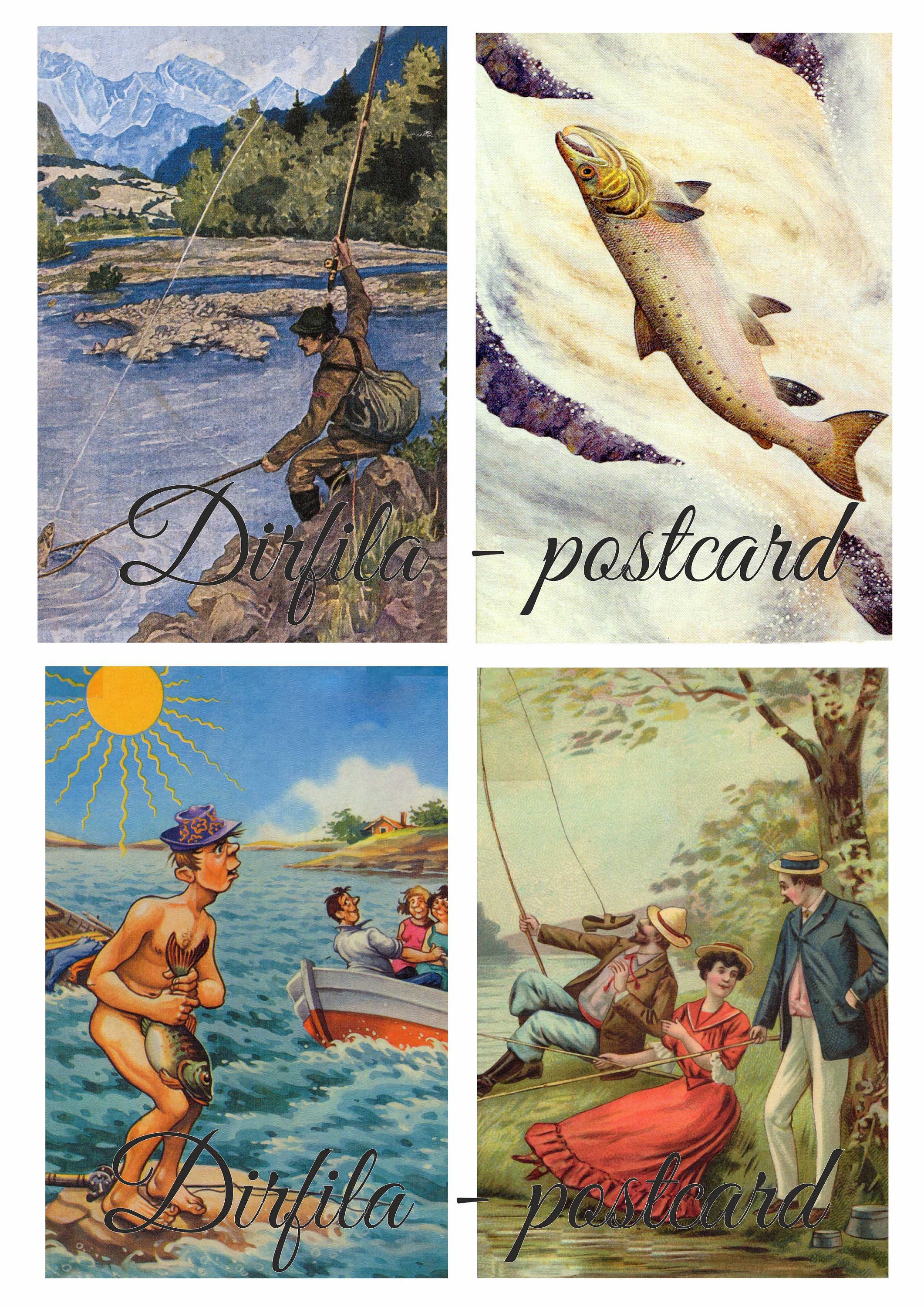 Retro Fishermen Printable Postcards Set of 22 Vintage Fishing Designs ...