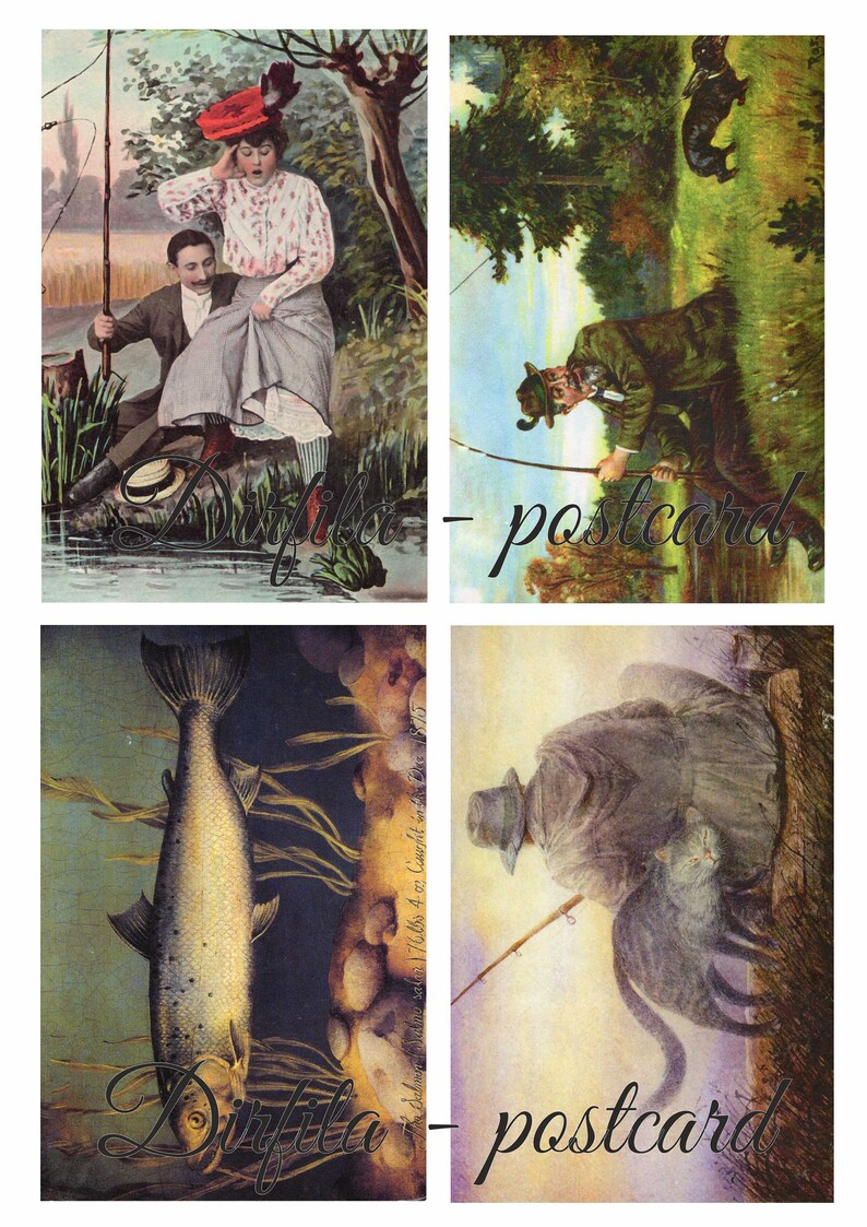 Retro Fishermen Printable Postcards - Set of 22 Vintage Fishing Designs ...