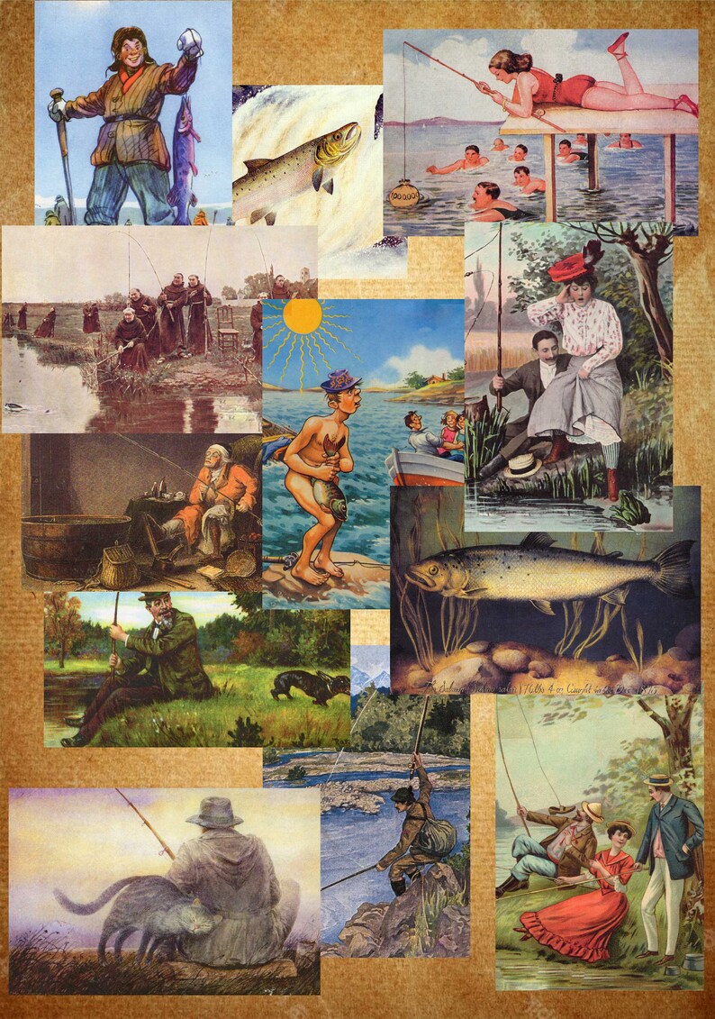 Retro Fishermen Printable Postcards Set of 22 Vintage Fishing Designs ...