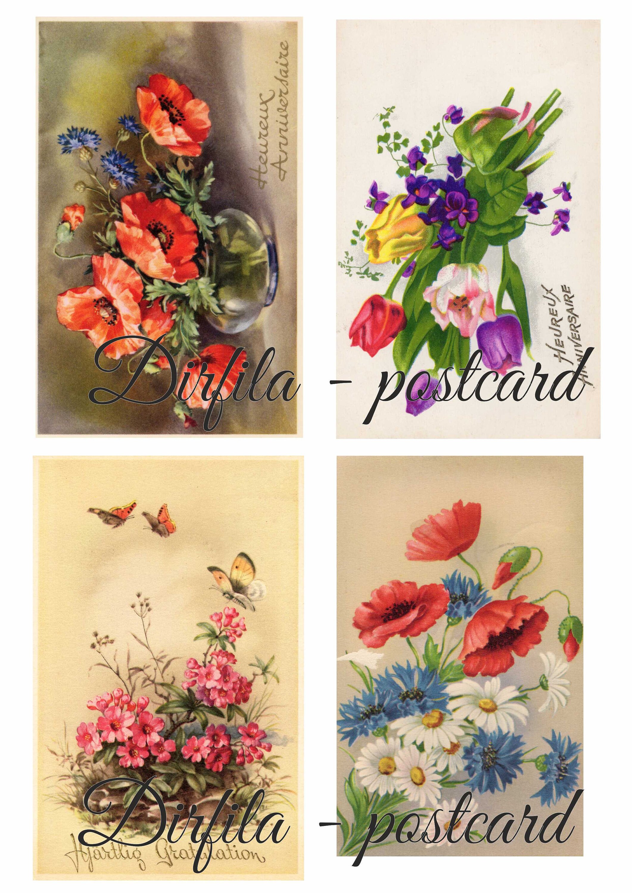40 Vintage French Postcards, Flowers Postcards, High Quality Digital ...