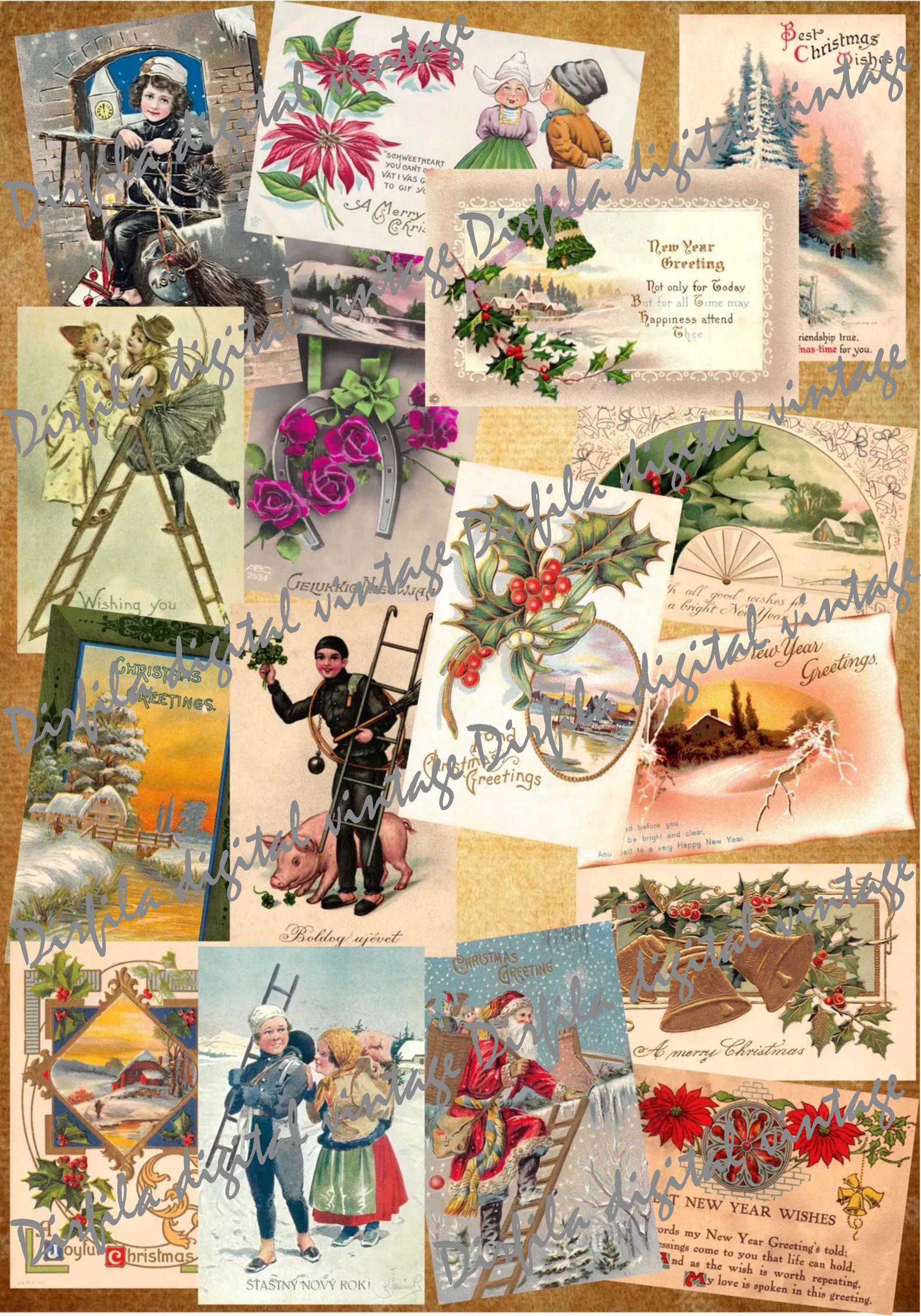 80 Vintage Postcards Bundle - Christmas & New Year Theme, Digital ...