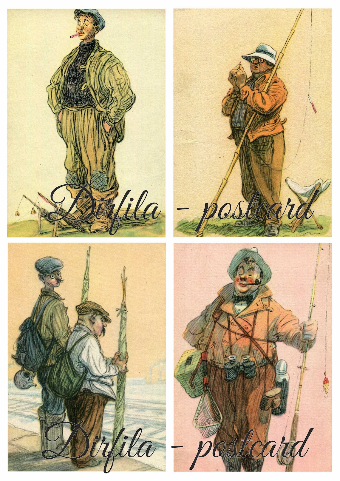 Retro Fishermen Printable Postcards - Set of 22 Vintage Fishing Designs ...
