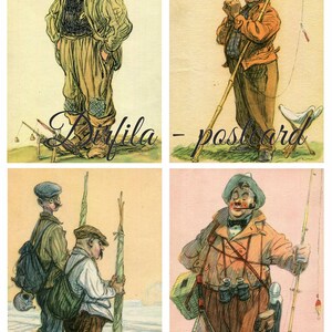 Retro Fishermen Printable Postcards - Set of 22 Vintage Fishing Designs ...