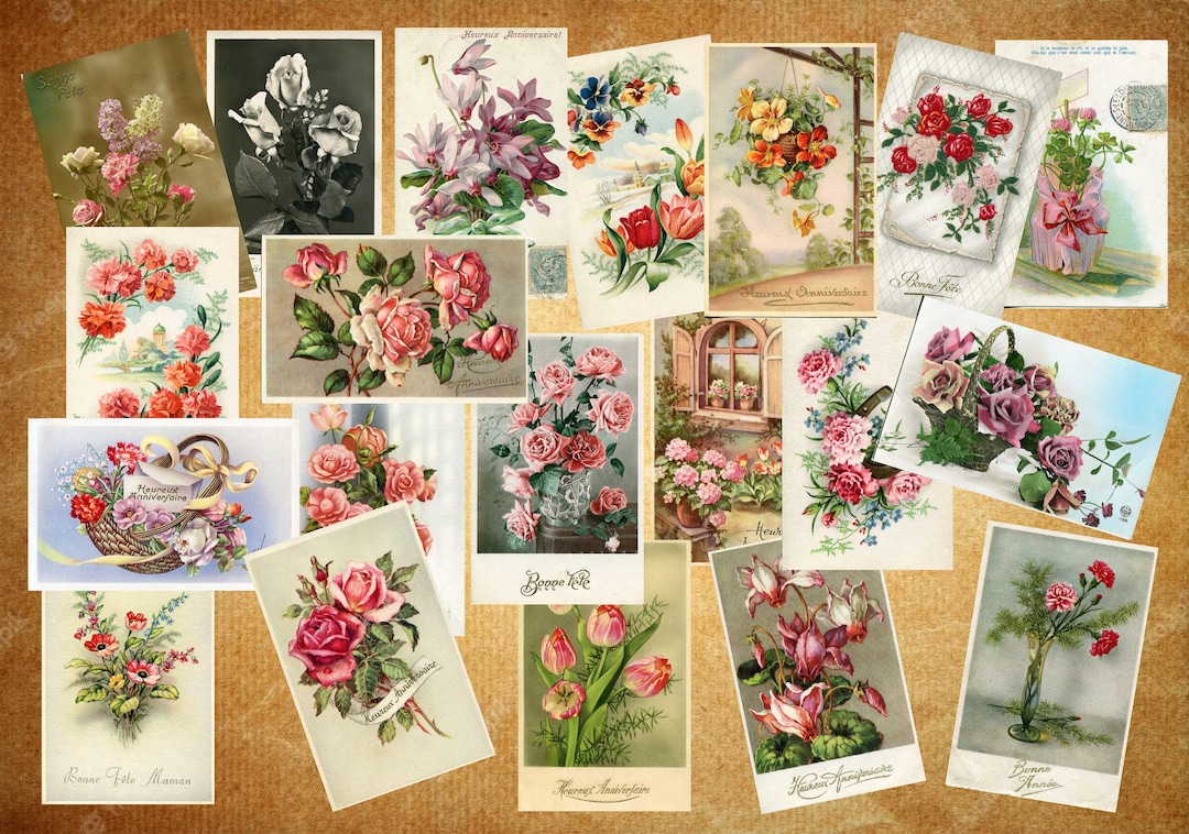 40 Vintage Flower Postcards Bundle - Instant Download for Junk Journal ...