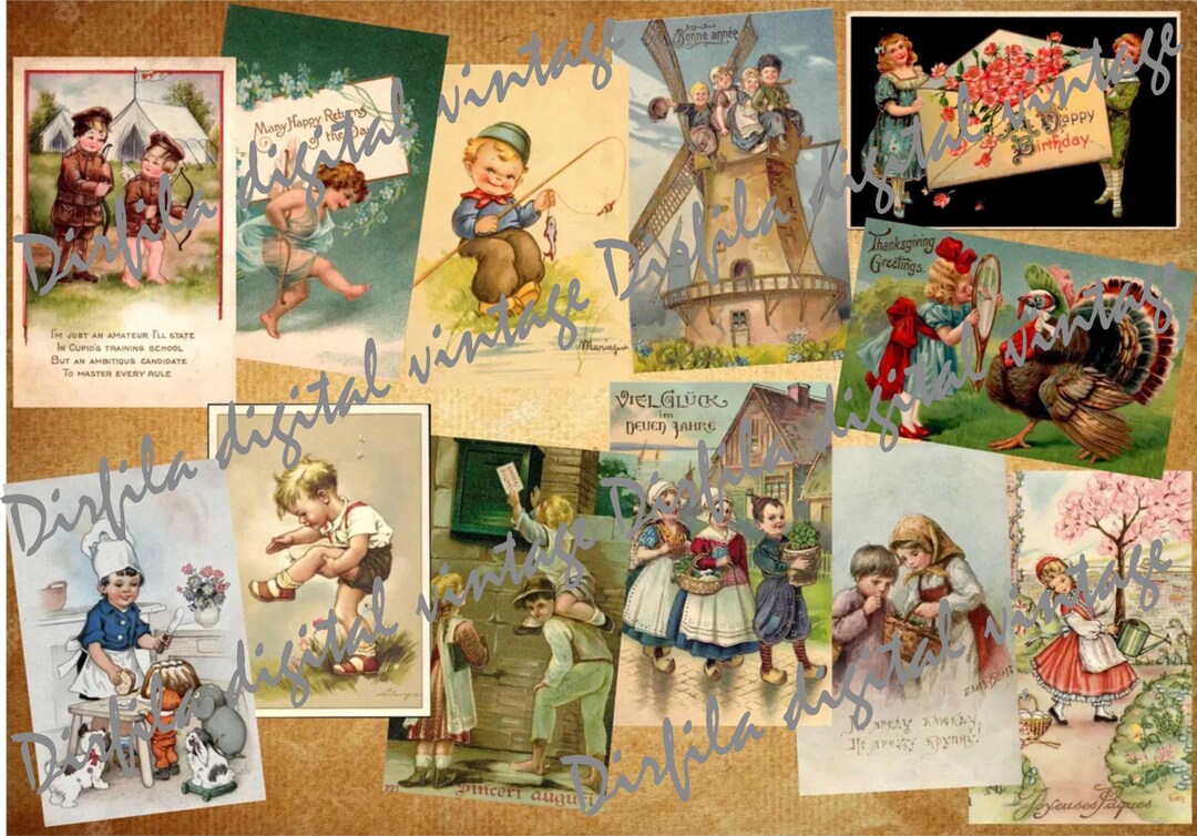 Postcard Children Digital Download, Printed Vintage Postcards, Ephemera ...