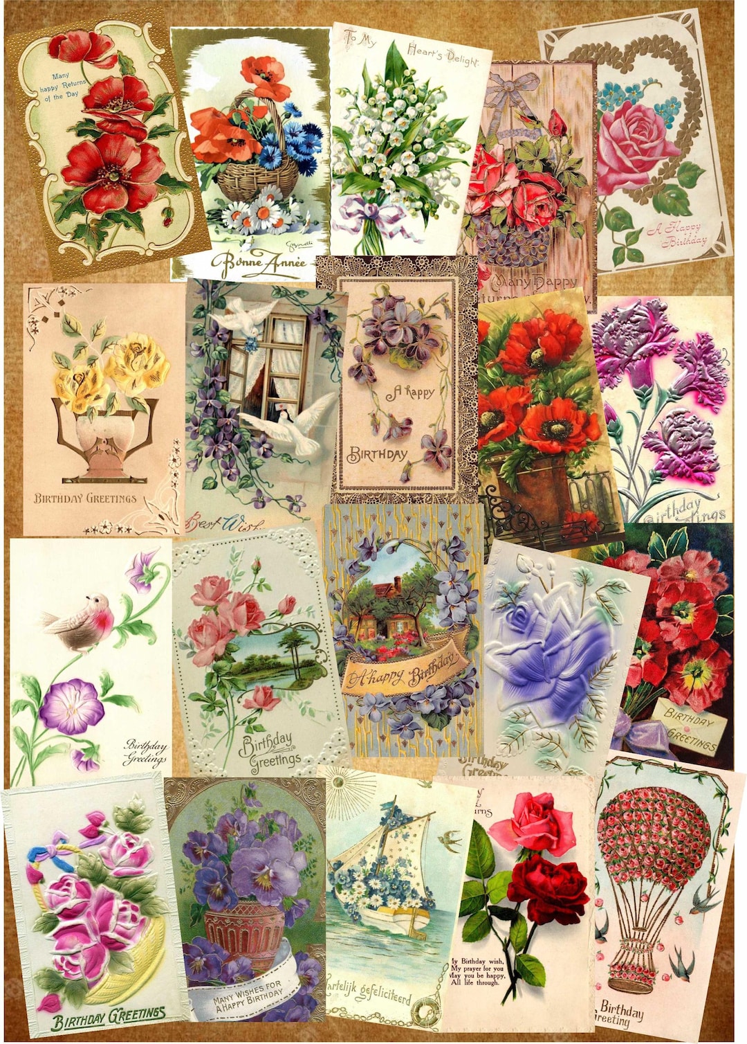 40 Vintage French Postcards, Flowers Postcards, High Quality Digital ...