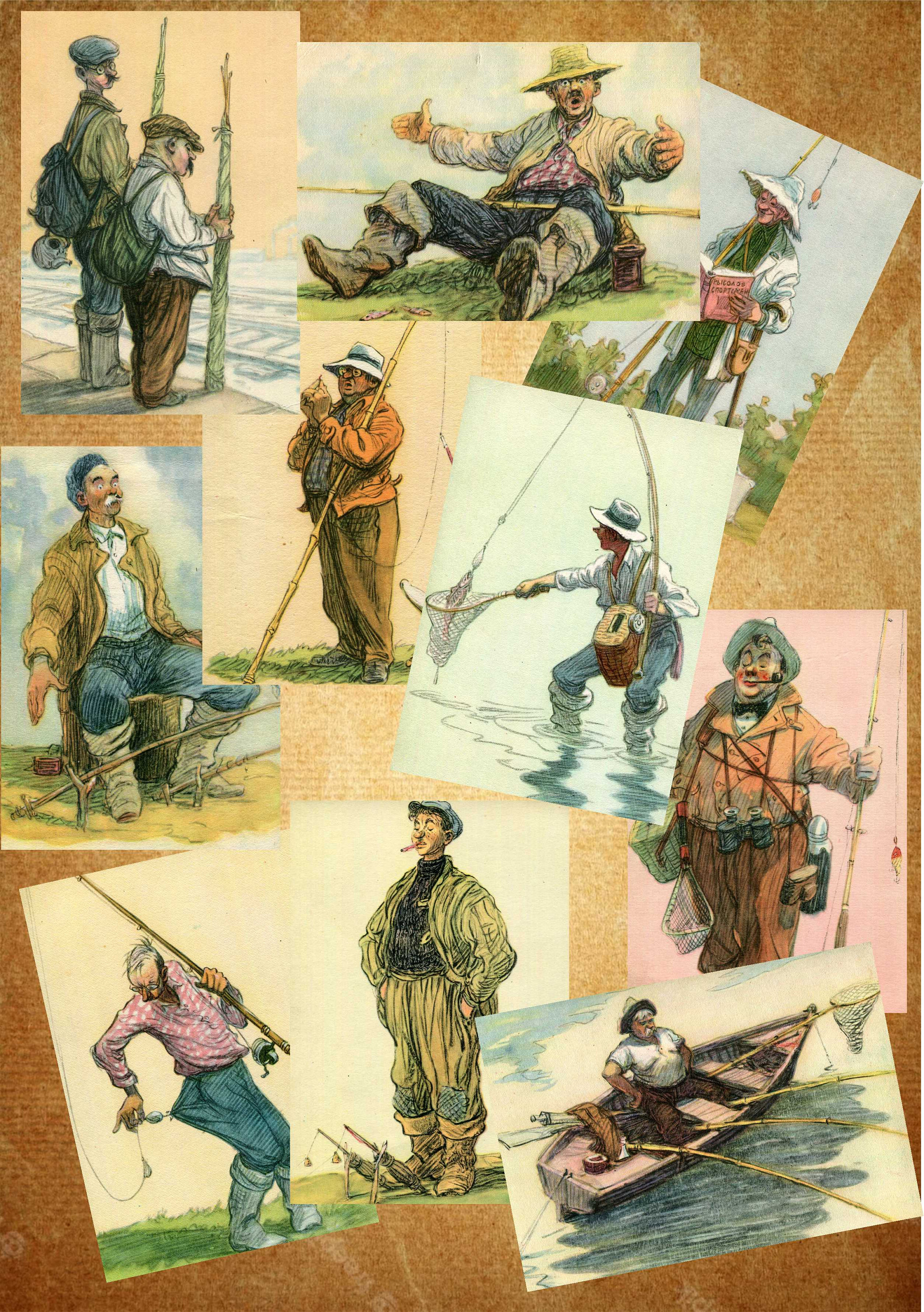 Retro Fishermen Printable Postcards Set of 22 Vintage Fishing Designs ...