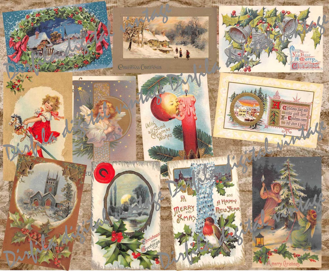48 Vintage Postcards Bundle - Christmas & New Year Theme, Digital ...