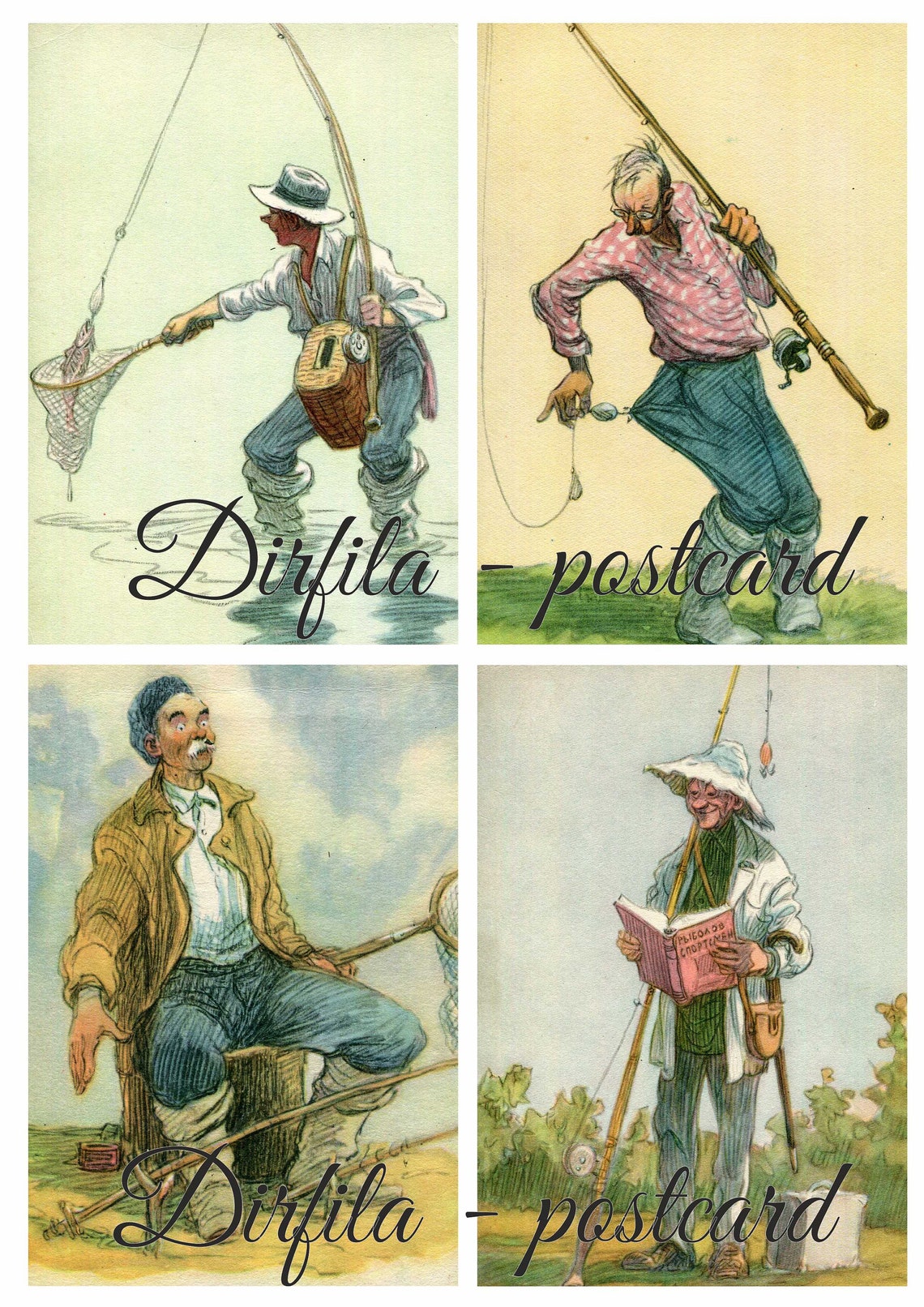 Retro Fishermen Printable Postcards - Set of 22 Vintage Fishing Designs ...