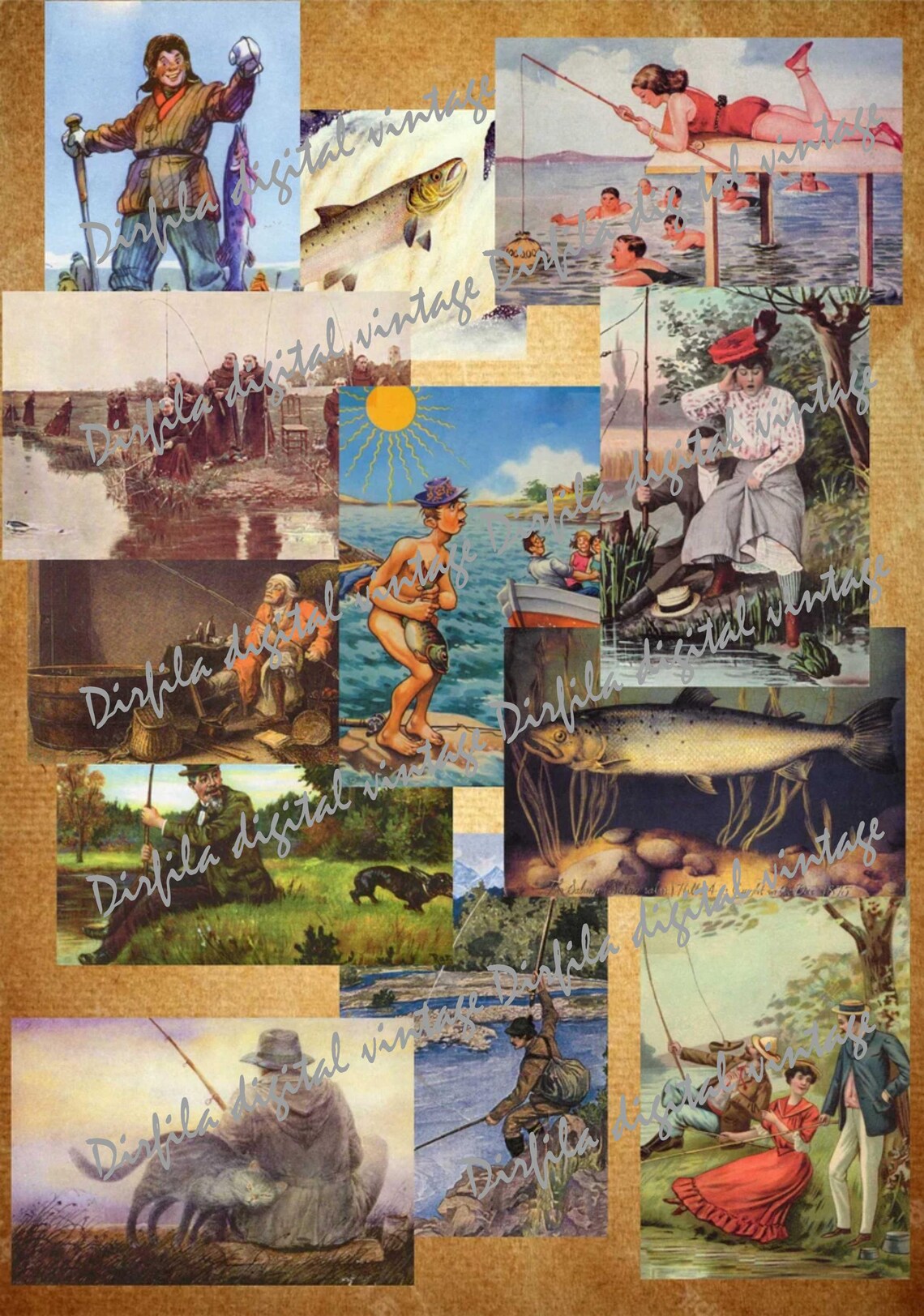 Retro Fishermen Printable Postcards - Set of 22 Vintage Fishing Designs ...