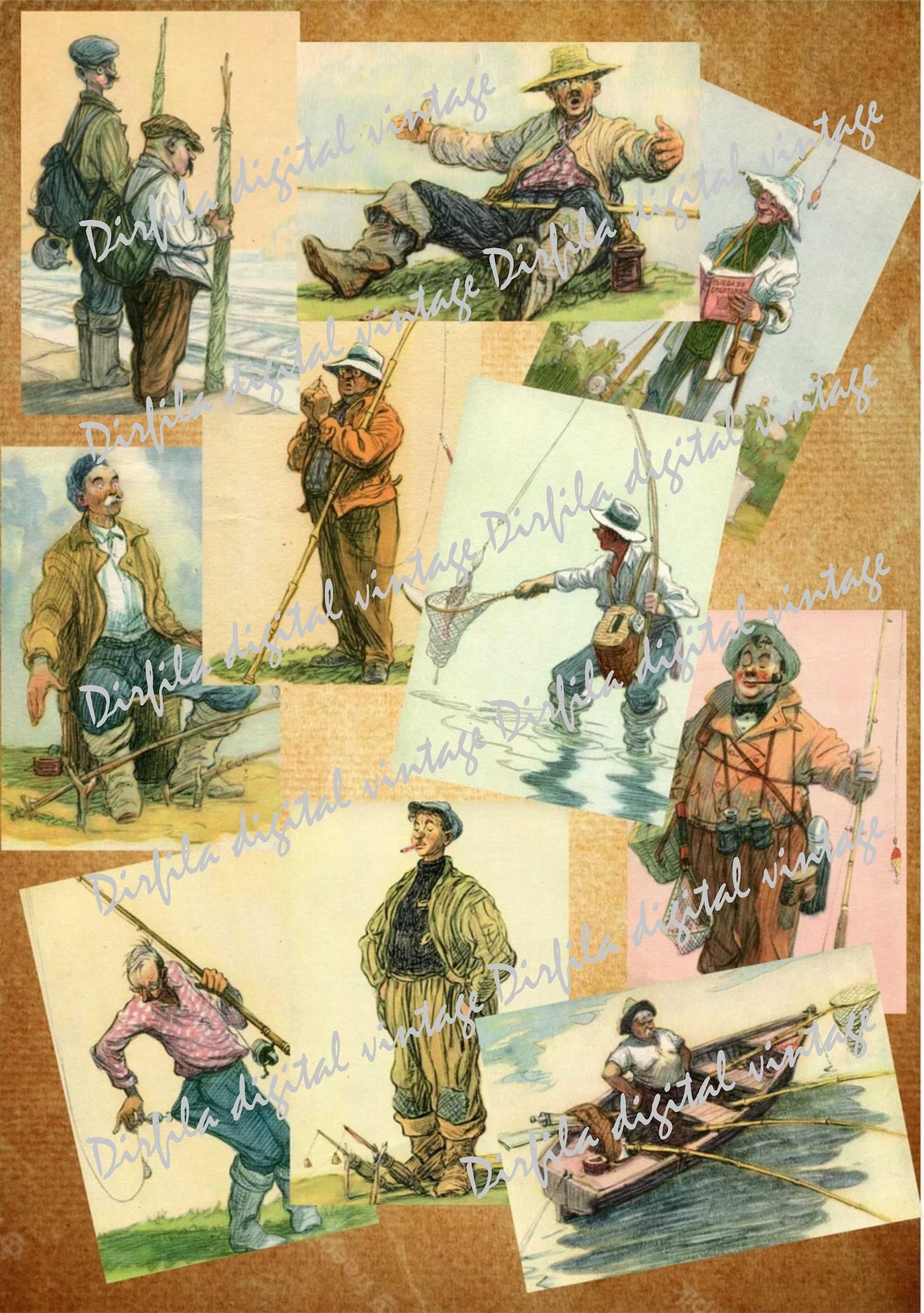 Retro Fishermen Printable Postcards - Set of 22 Vintage Fishing Designs ...