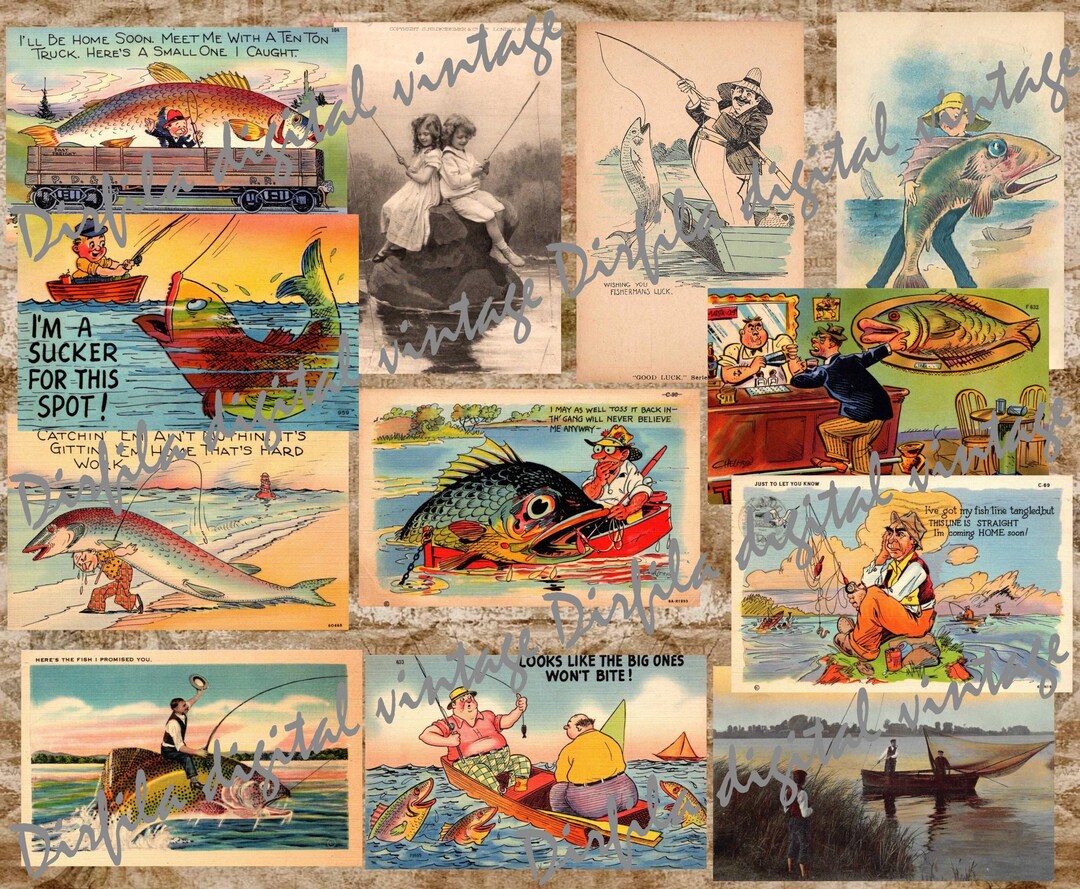 Vintage Fishermen Postcards – Retro Fishing Ephemera Pack – Printable ...