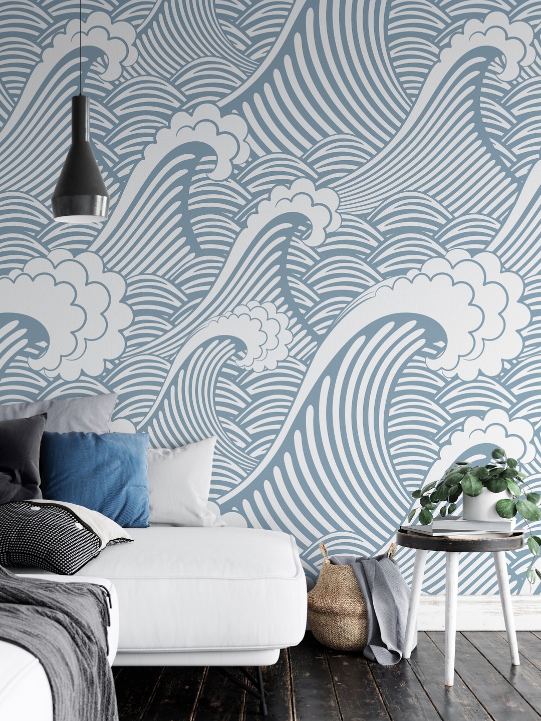 Japanese Waves Wallpaper - Blue White Ocean Seigaiha Waves Peel and ...