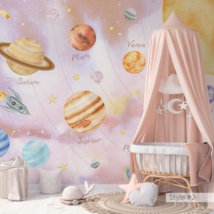 Pastel Blue Pink Solar System With Planets Self Adhesive Wall Mural ...