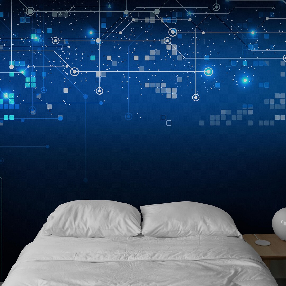 Futuristic Blue Tech Wall Mural - Cyber Security Digital Circuit Peel ...