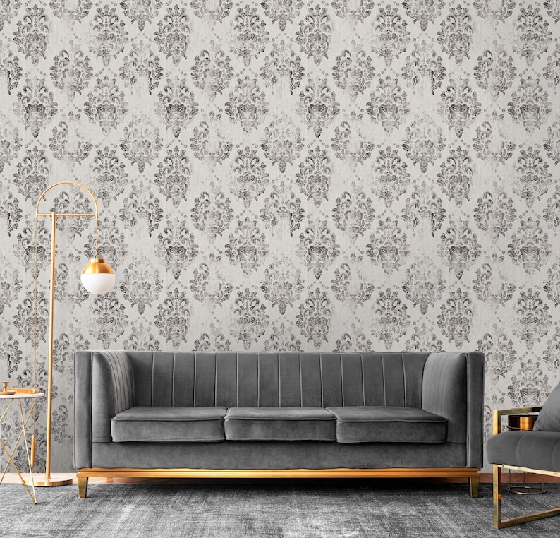 Warm Gray Damask Wallpaper - Distressed French Country Wall Mural ...