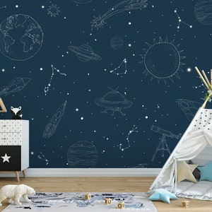 Space & Star Ship Peel and Stick Wall Mural - Cosmos Starry Night Kids ...