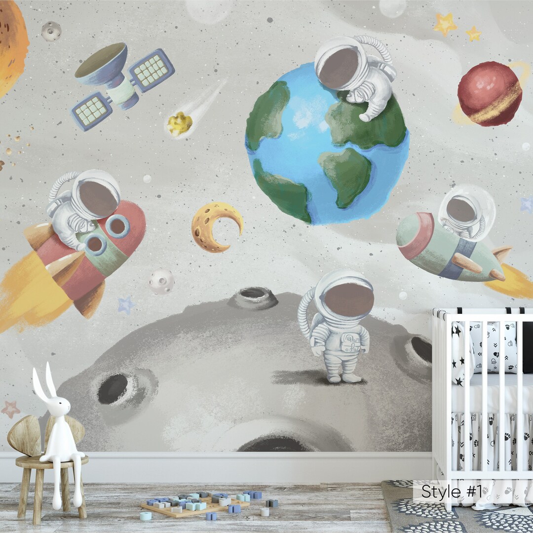 Space World Planets and Astronauts Self Adhesive Wall Mural - Pastel ...