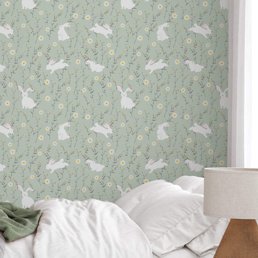 Sage Green Floral Bunny Wallpaper - Botanical Cottagecore Farmhouse ...