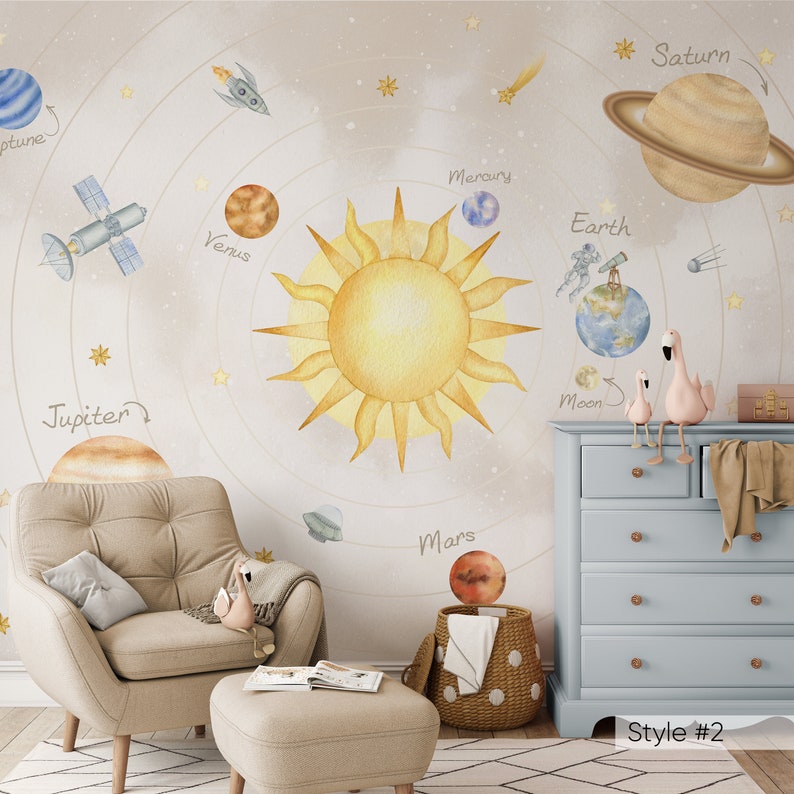 Solar System Planets Sun Stars Wall Mural - Kids Room Nursery Galaxy ...