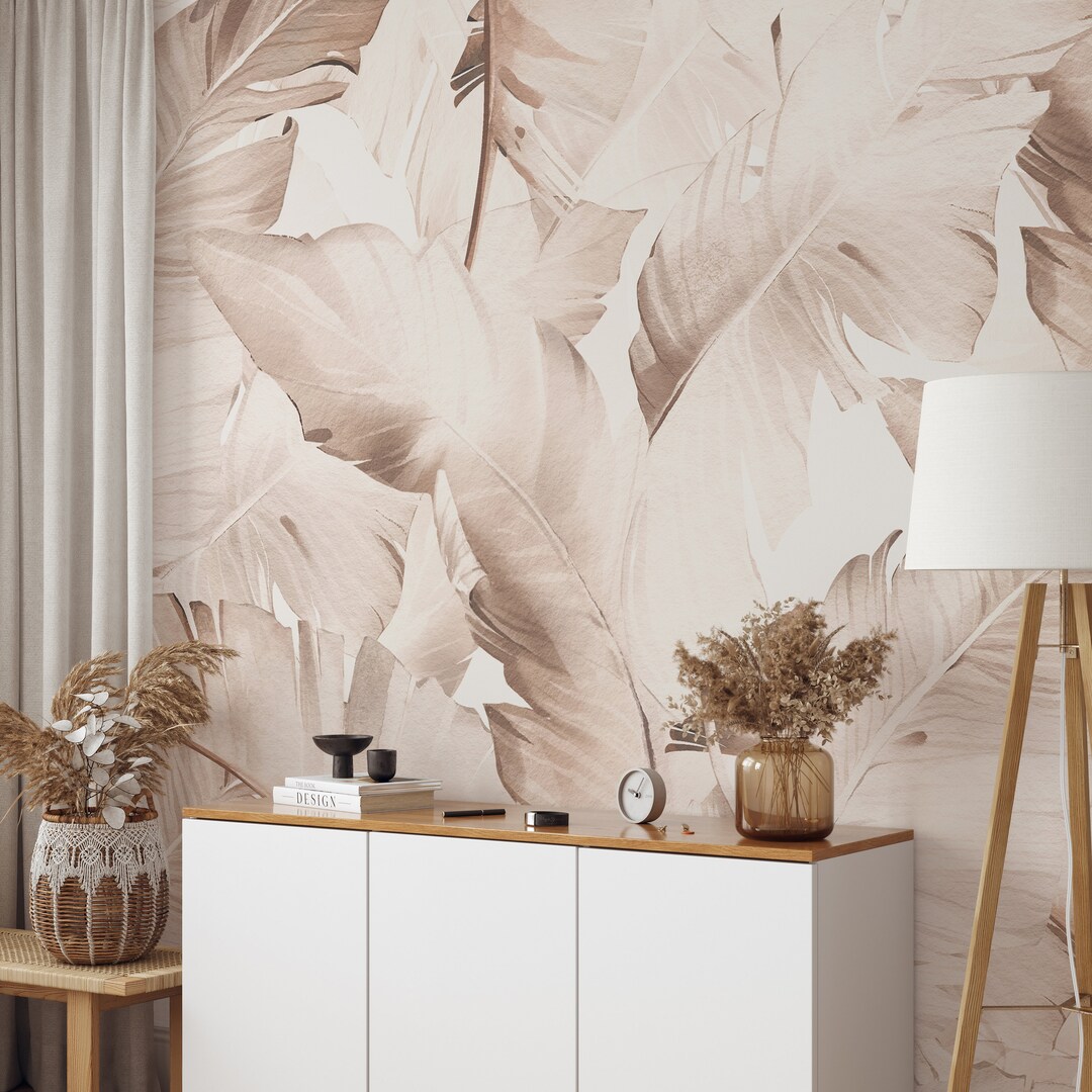 Light Beige Boho Tropical Banana Leaves Removable Mural - Pastel Palm ...