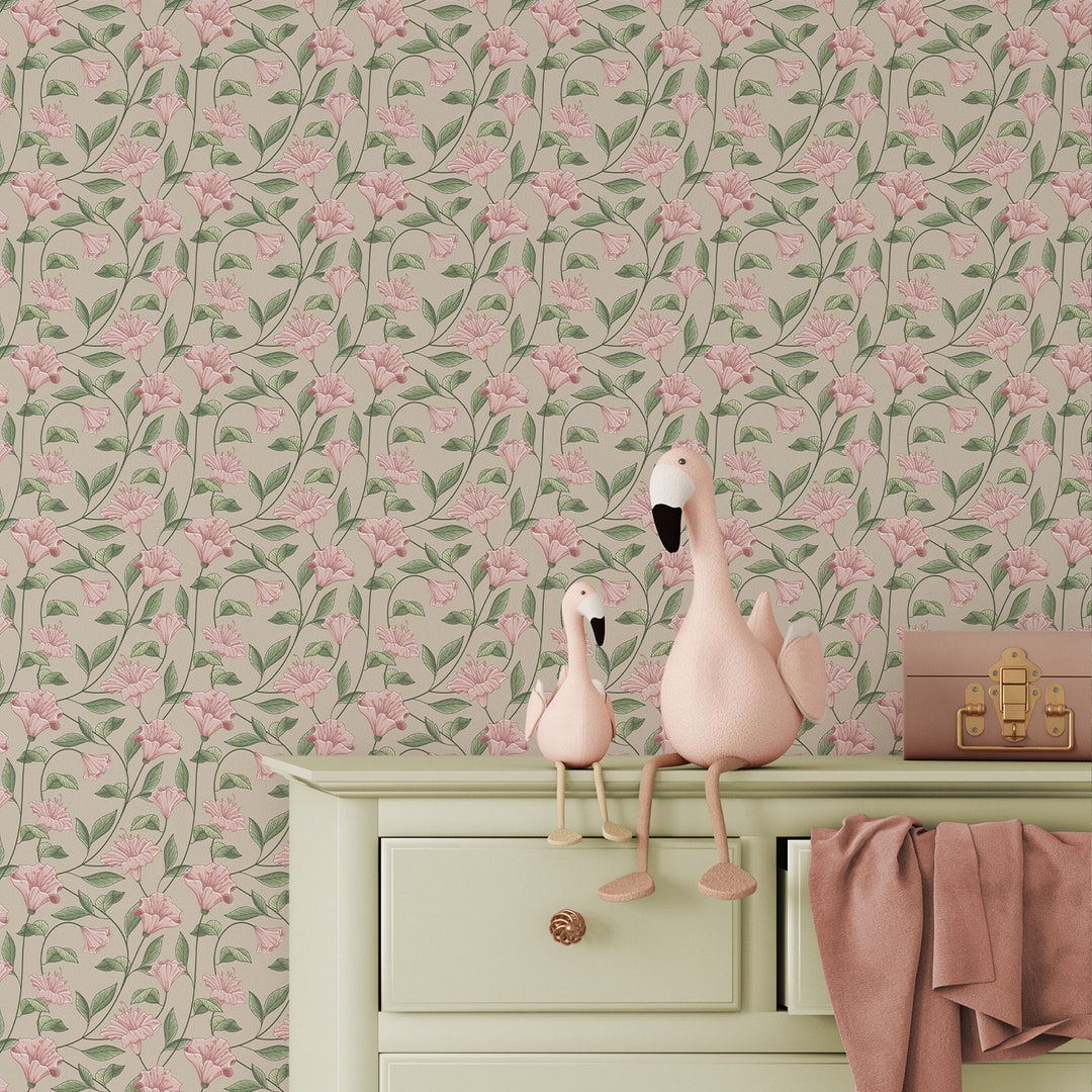 Pink Bellflower Botanical Wallpaper - Vintage Floral Garden Green ...