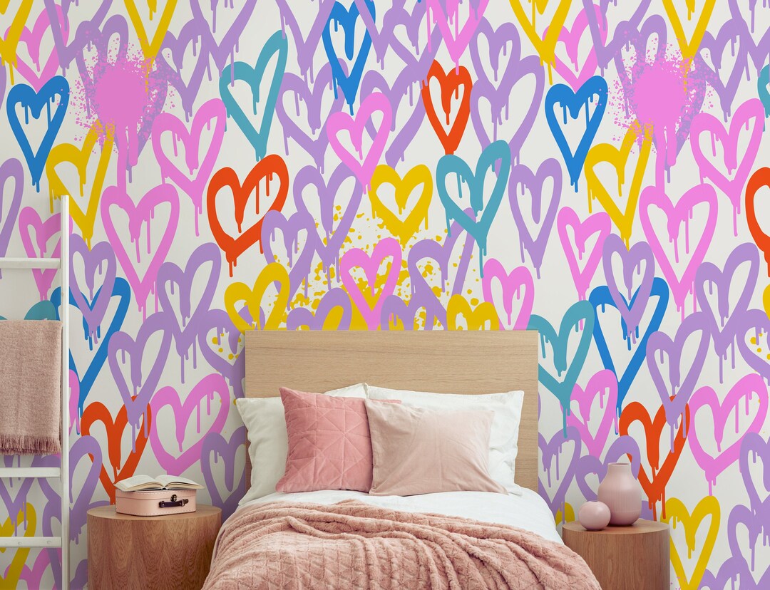 Graffiti Hearts Wall Mural – Heart Street Art Pink Purple Wallpaper ...