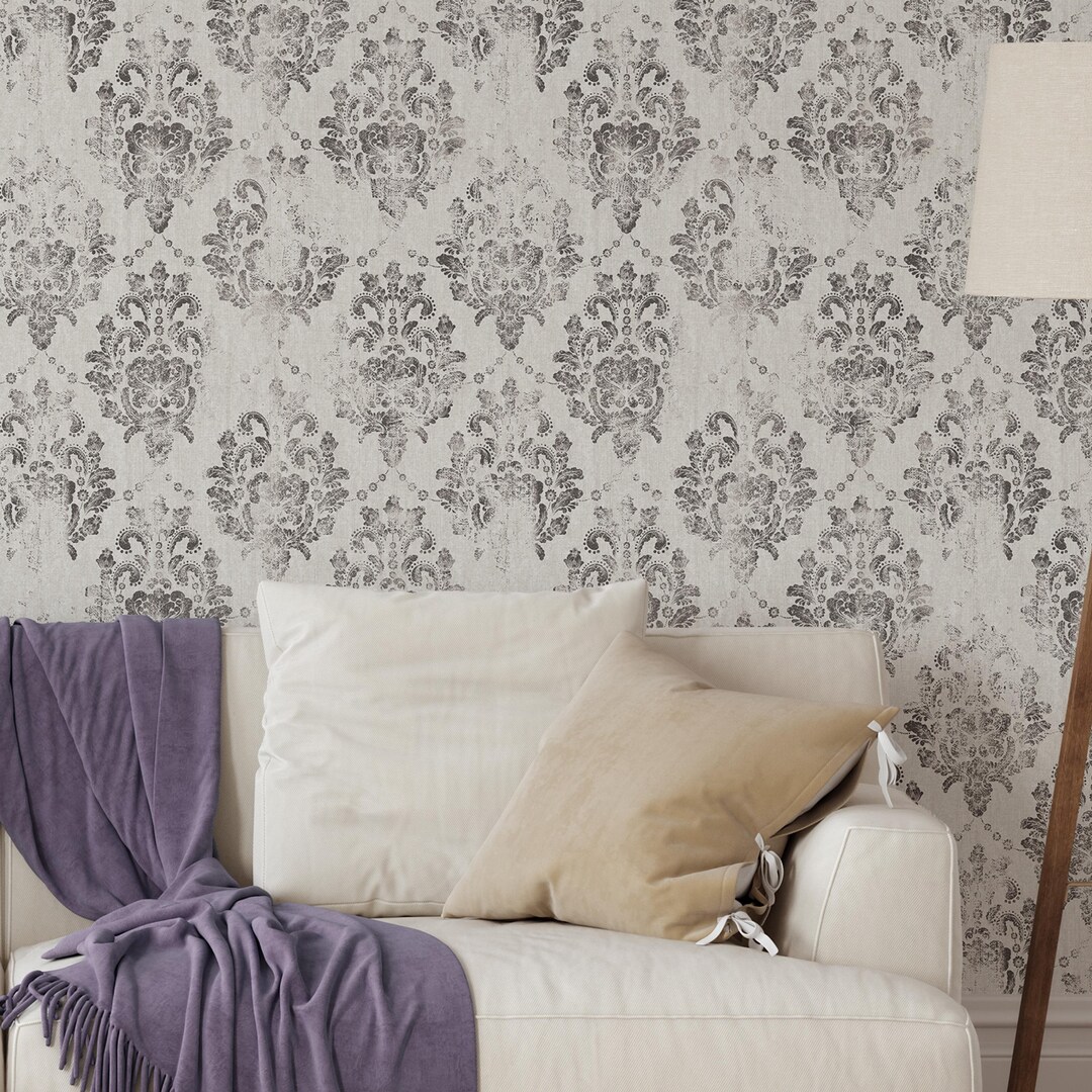 Warm Gray Damask Wallpaper - Distressed French Country Wall Mural ...