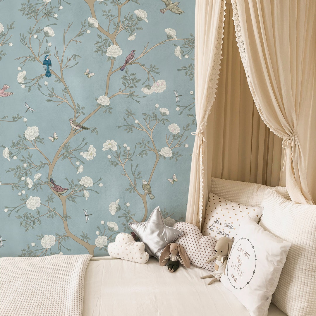 Blue Blossom Trees Birds Wallpaper - Chinoiserie Floral Peel and Stick ...
