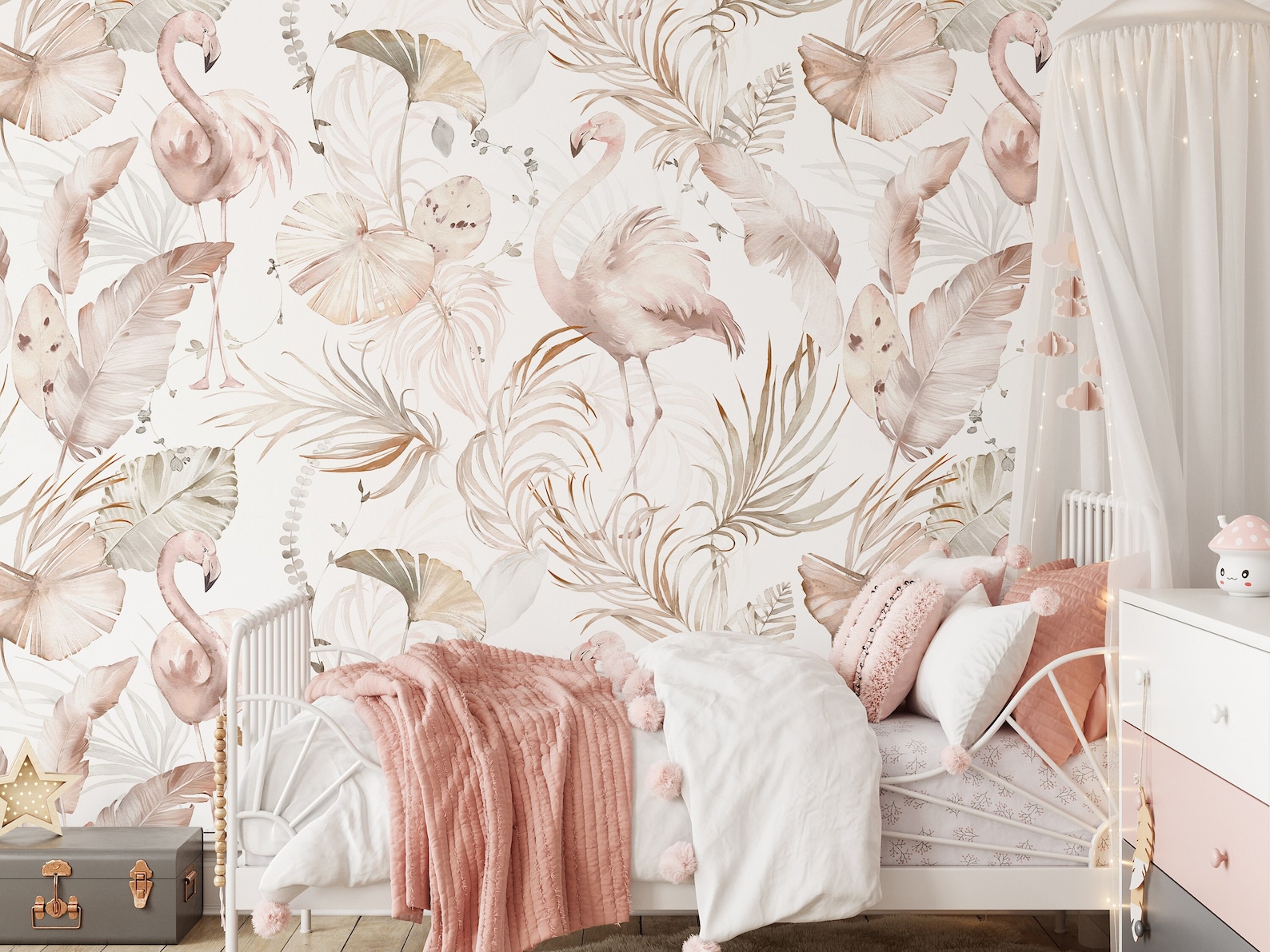 Blush Palm Leaves Flamingos Wallpaper - Tropical Soft Beige Wall Mural ...