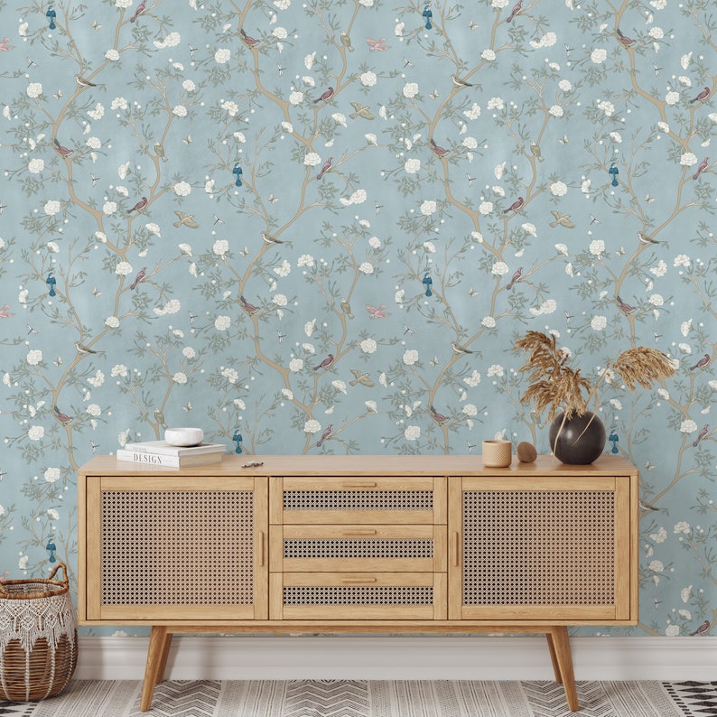 Blue Blossom Trees Birds Wallpaper - Chinoiserie Floral Retro Chinese ...