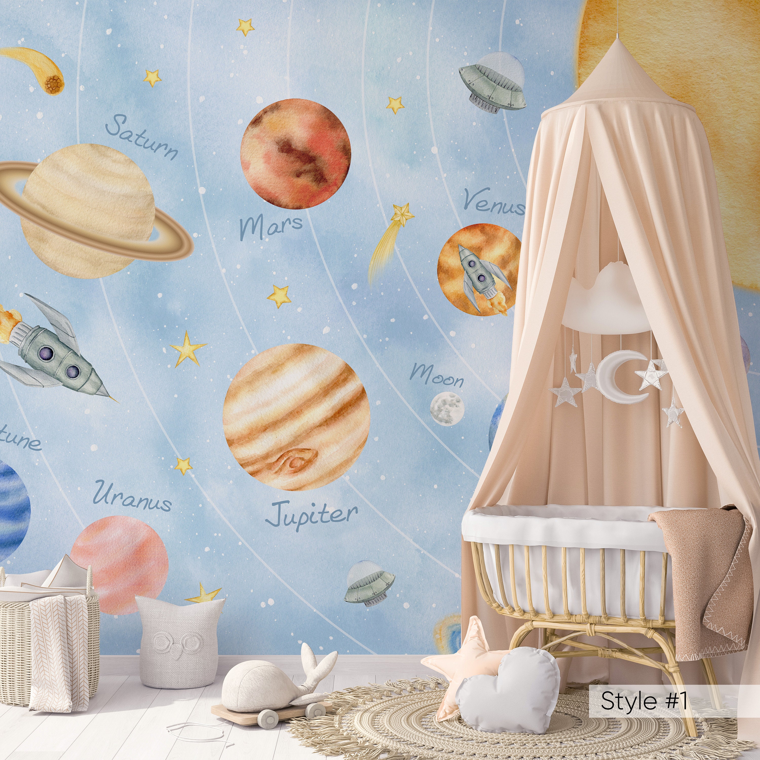 Pastel Blue Solar System Planets Wall Mural - Galaxy Space Peel and ...