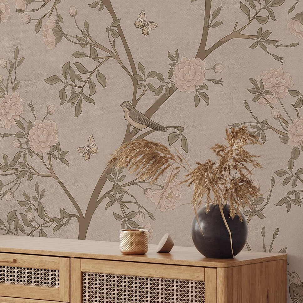 Beige Birds Blossom Wallpaper - Chinoiserie Floral Wall Mural - Neutral ...