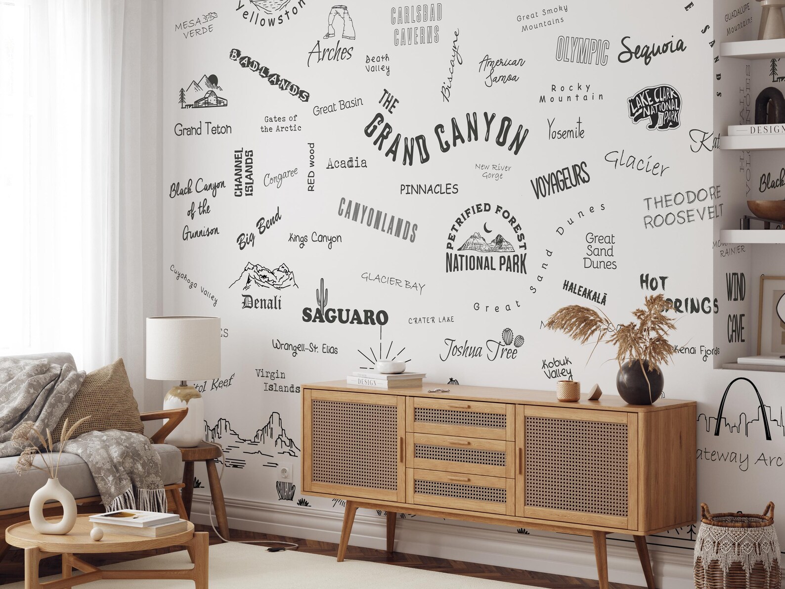 National Parks Wall Mural - Hand-drawn Park Names Black and White ...