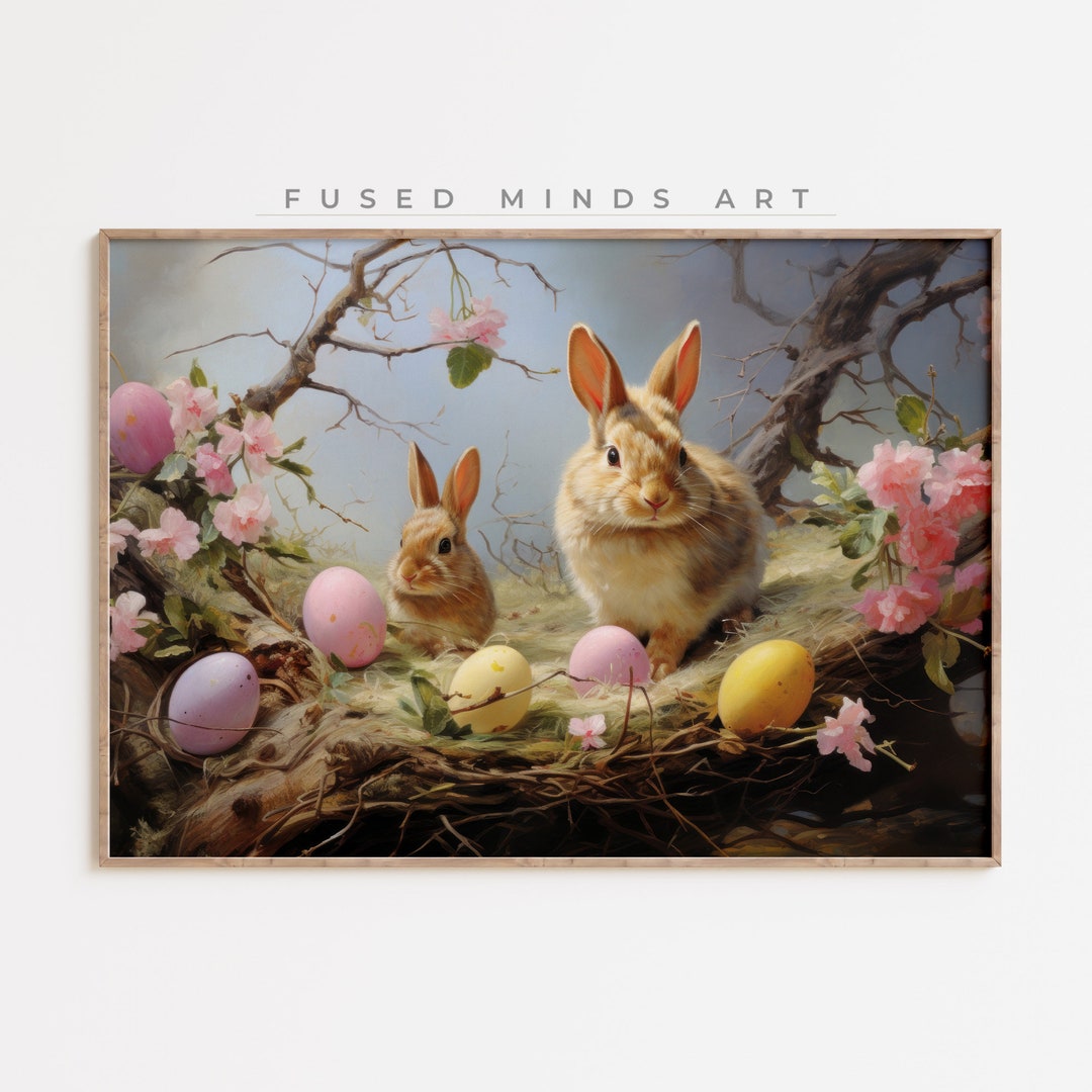 Easter Bunny Printable Oil Painting, Easter Wall Art, Easter Rabbit Oil ...