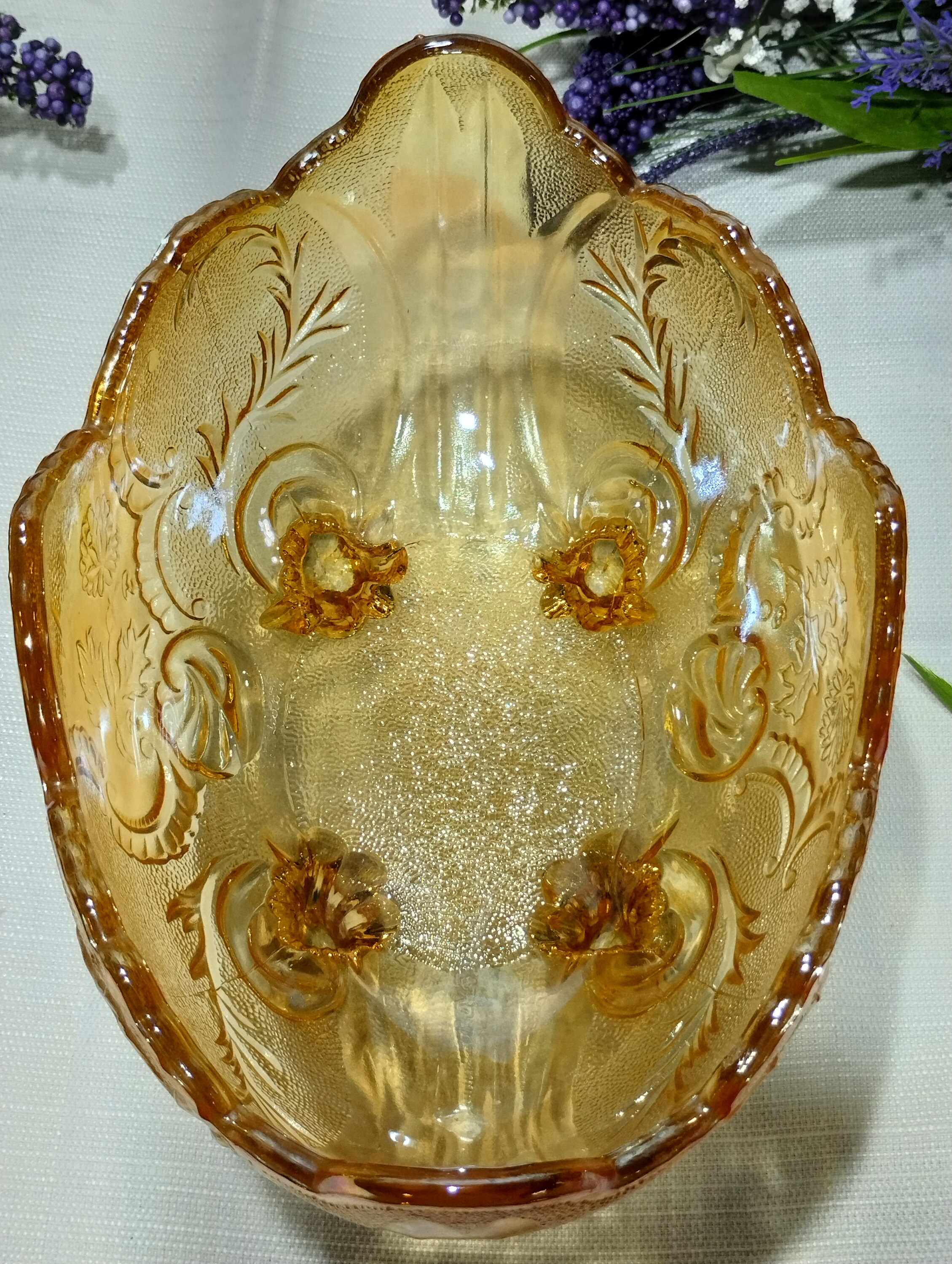 Vintage Large Peach/marigold Carnival Glass Footed Elongated Dish Bowl ...