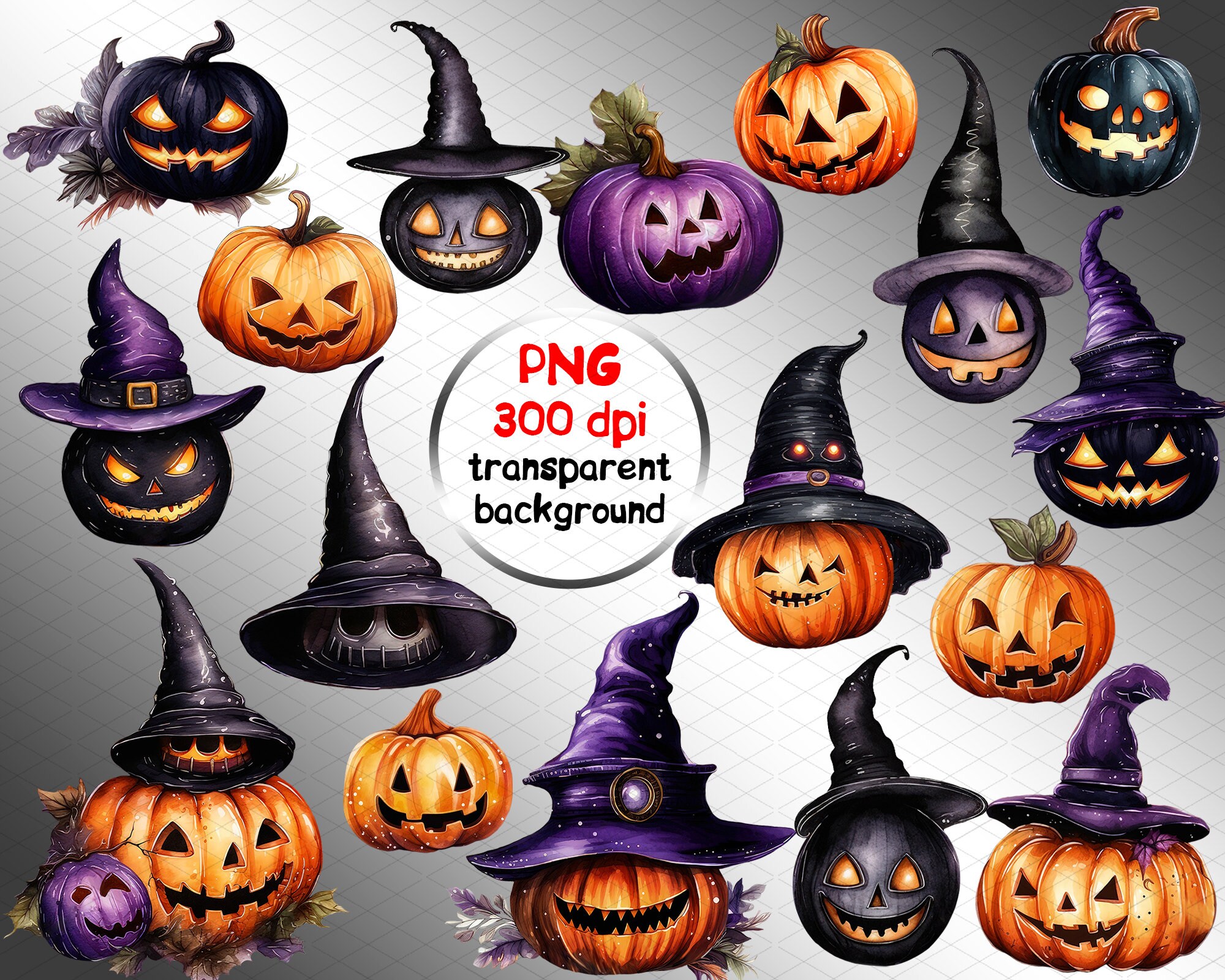 16 PNG Halloween Pumpkins Clipart Set Watercolor Cute - Etsy