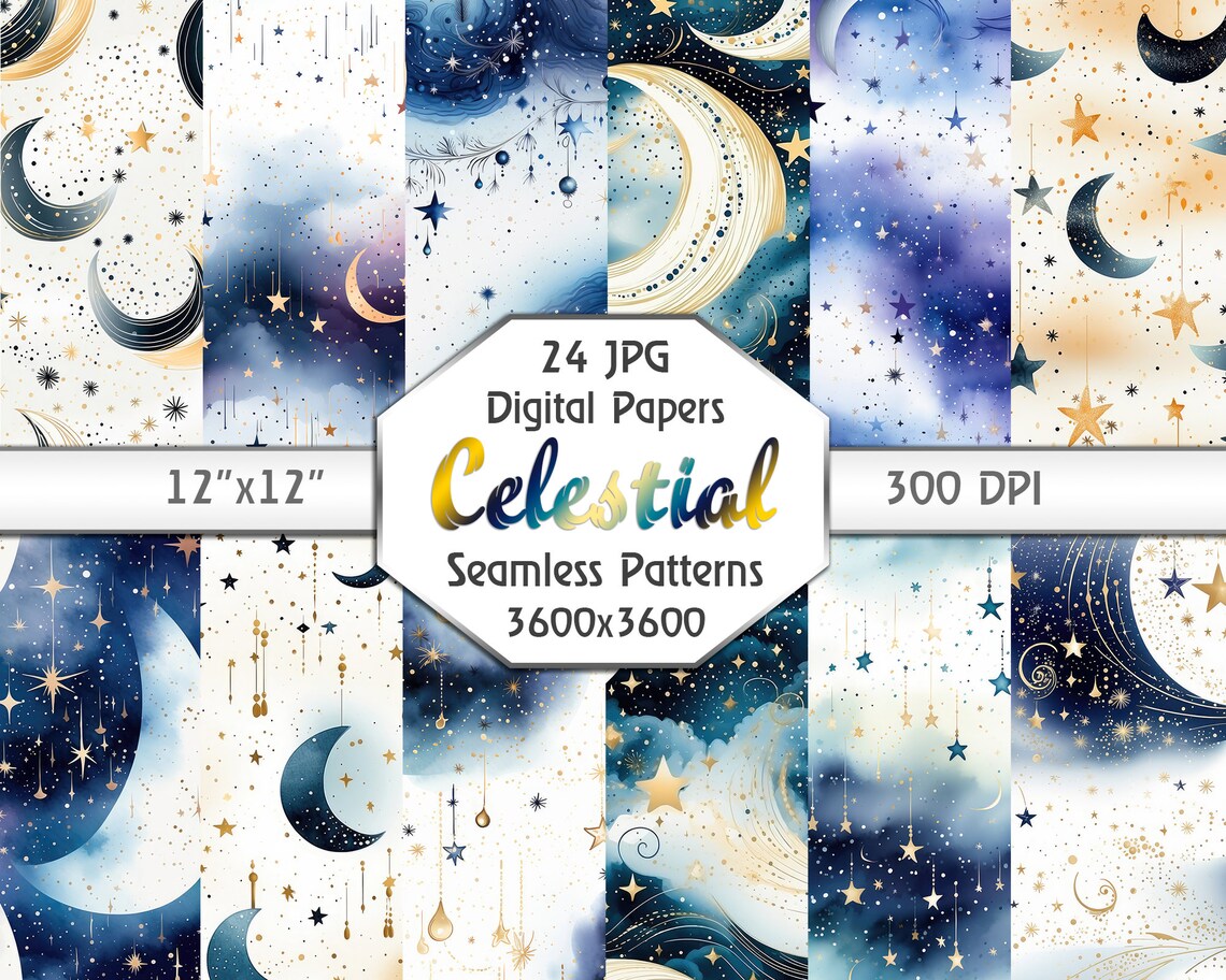 Celestial Starry Night Digital Paper, Magic Moon & Stars Seamless ...
