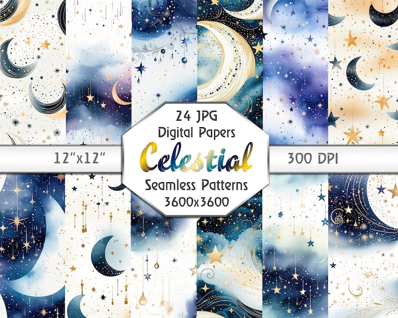 Celestial Starry Night Digital Paper, Magic Moon & Stars Seamless ...