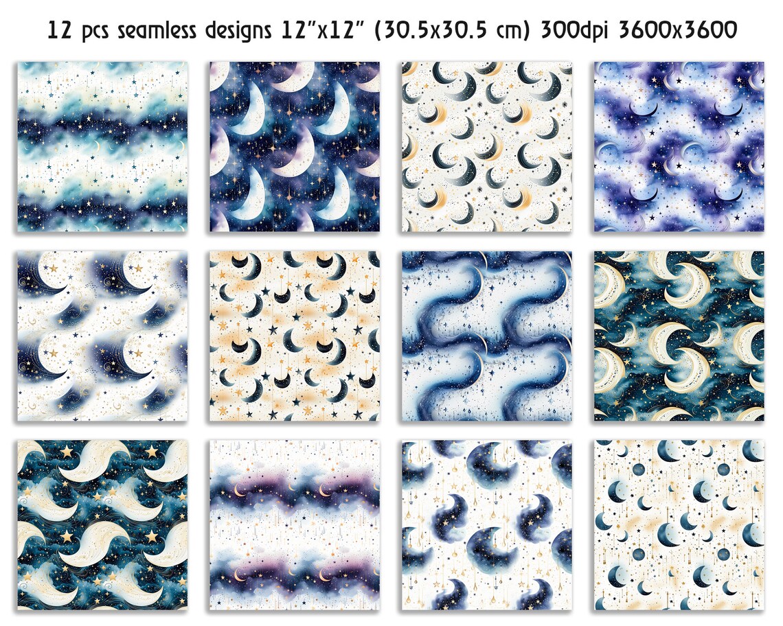 Celestial Starry Night Digital Paper, Magic Moon & Stars Seamless ...