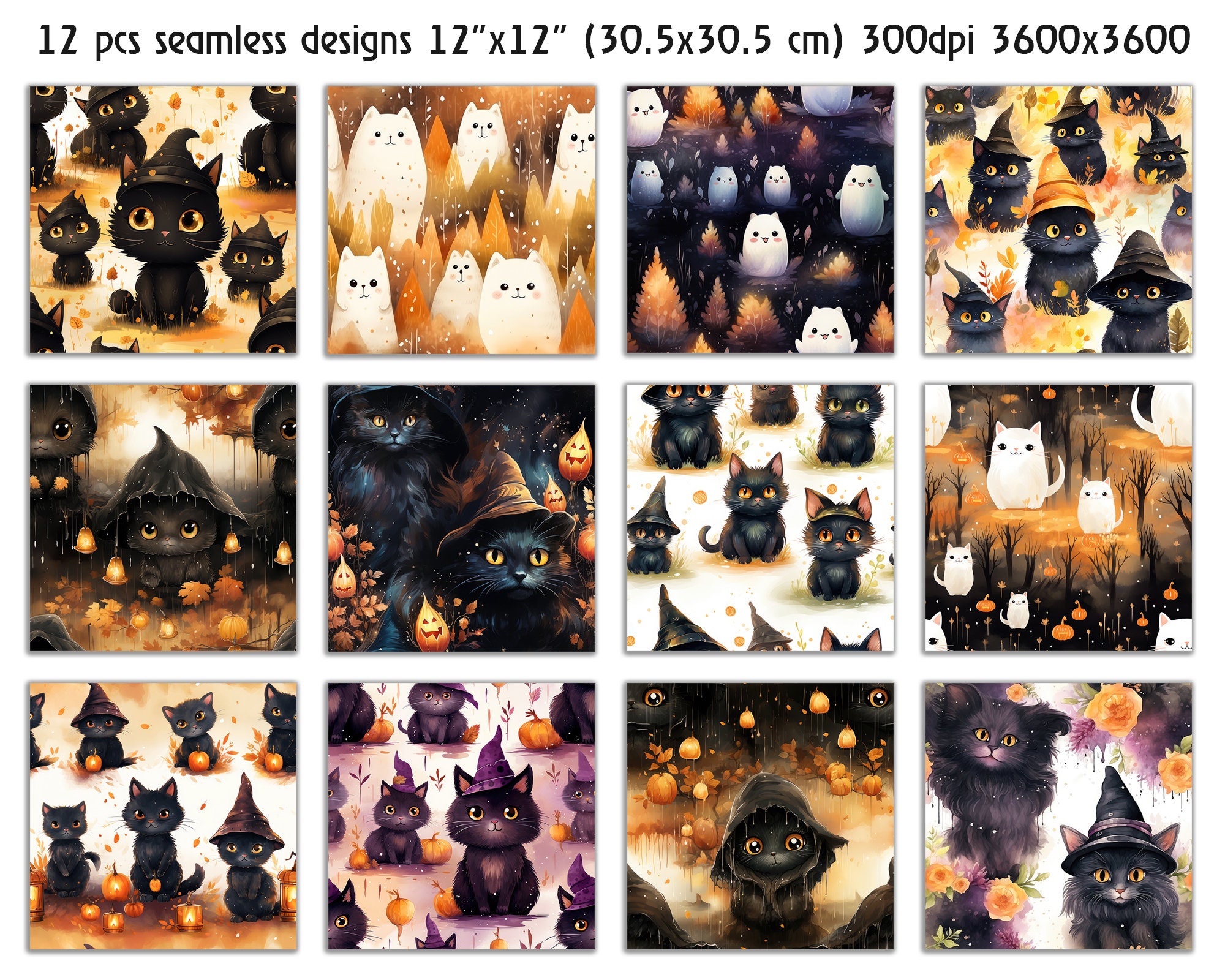 12 Seamless Patterns Witch's Cats, Watercolor Halloween Digital Papers ...