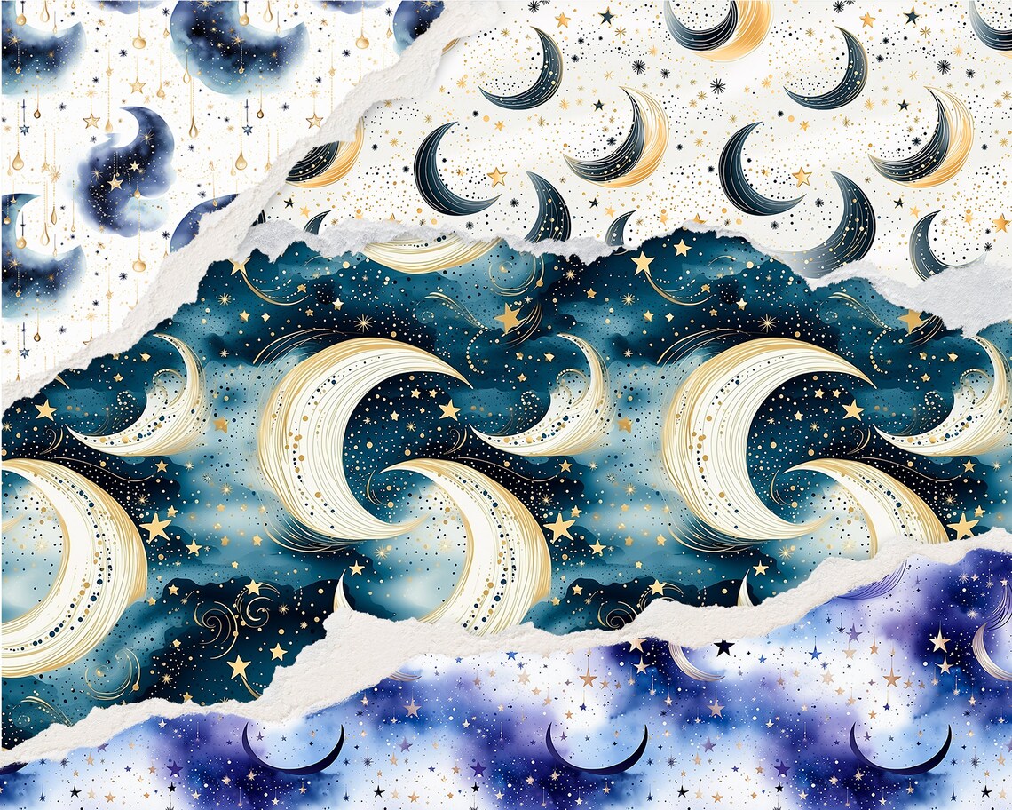 Celestial Starry Night Digital Paper, Magic Moon & Stars Seamless ...