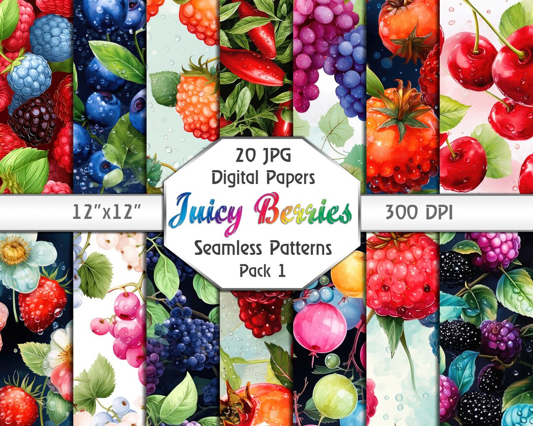 Juicy Berries Fruits Seamless Pattern, 20 Designs Digital Papers Set ...
