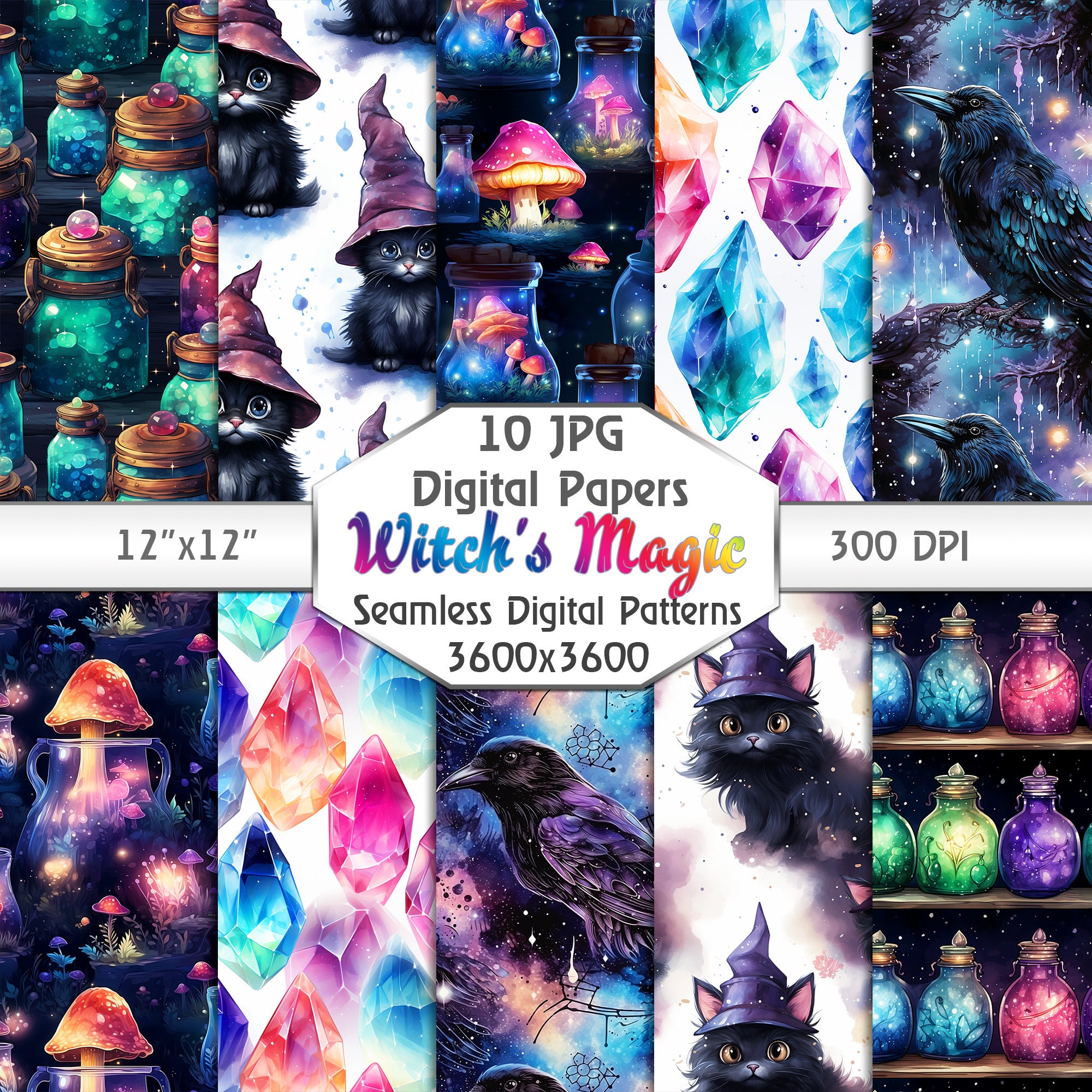 Whimsical Witch's Design 10 Digital Paper Pack for Halloween: Fantasy ...