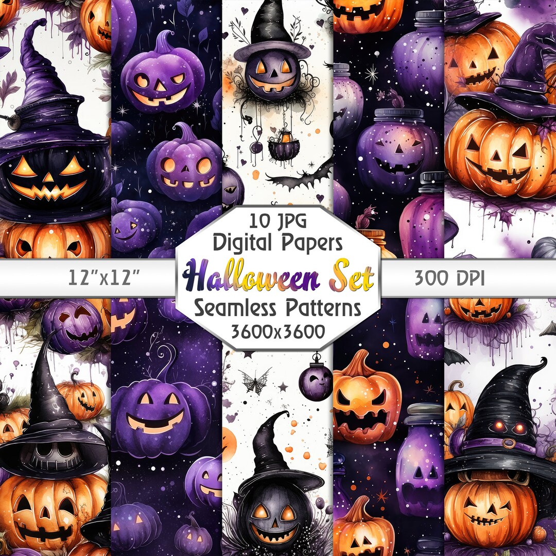 10 Pumpkins Halloween Seamless Patterns, Cute Digital Paper Pack for ...